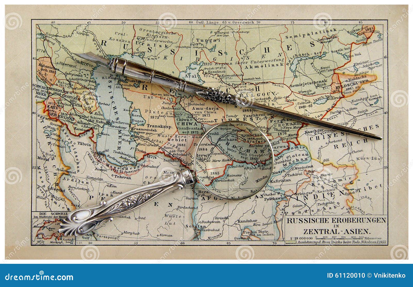 Alte Karte Mit Lupe Und Stift Stockfoto - Bild von pergament ...