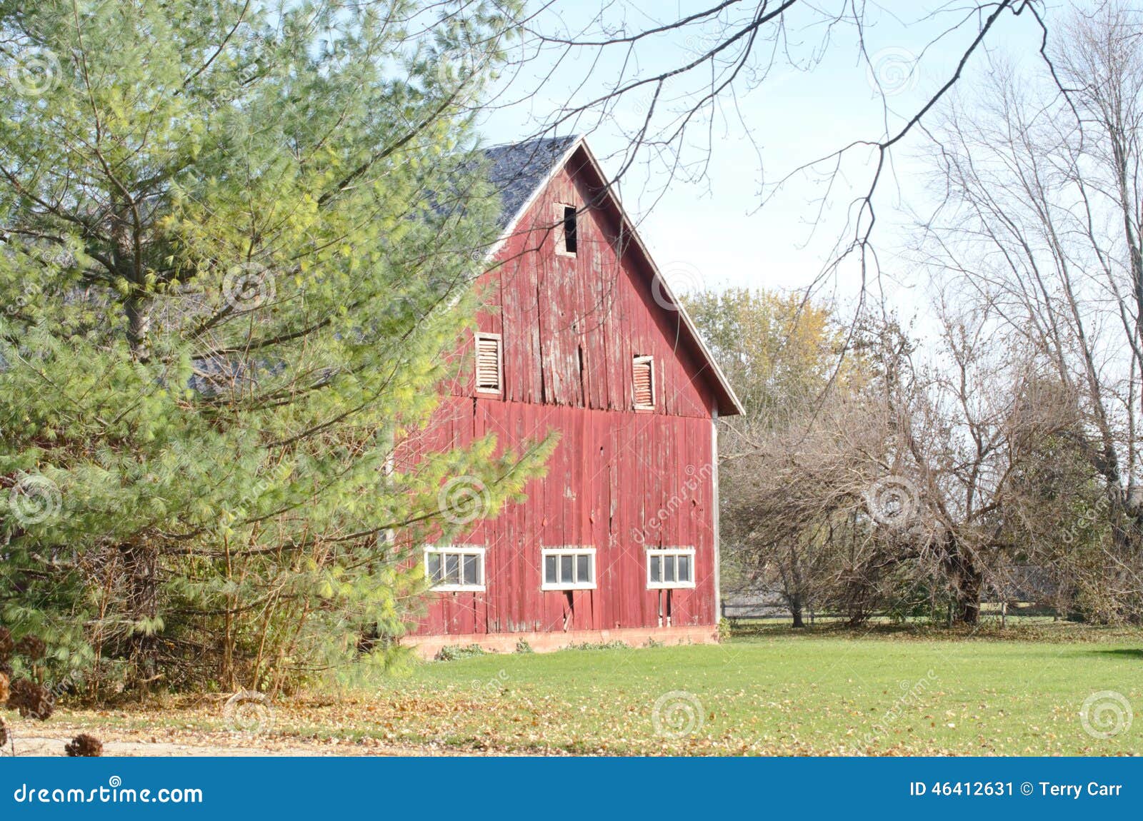 Alte rote Scheune im Land stockbild. Bild von bäume, gras - 46412631