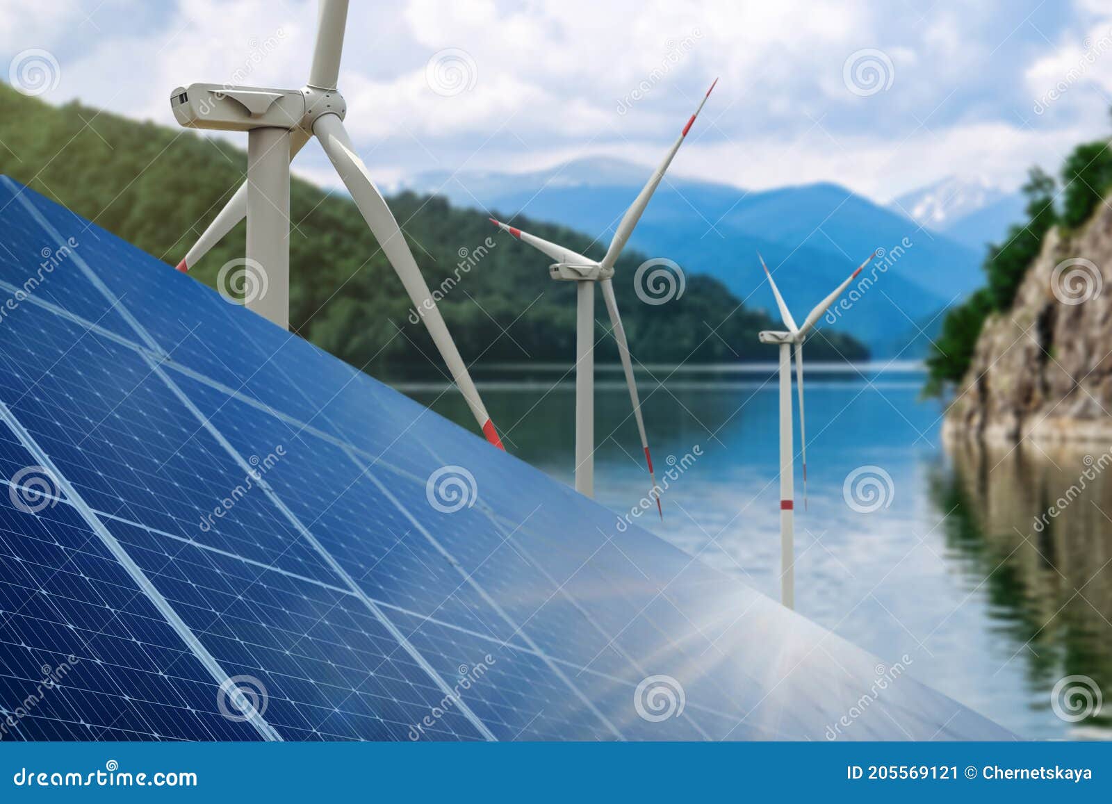 Alternative Energy Sources. Wind Turbines Installed in Water, Solar ...