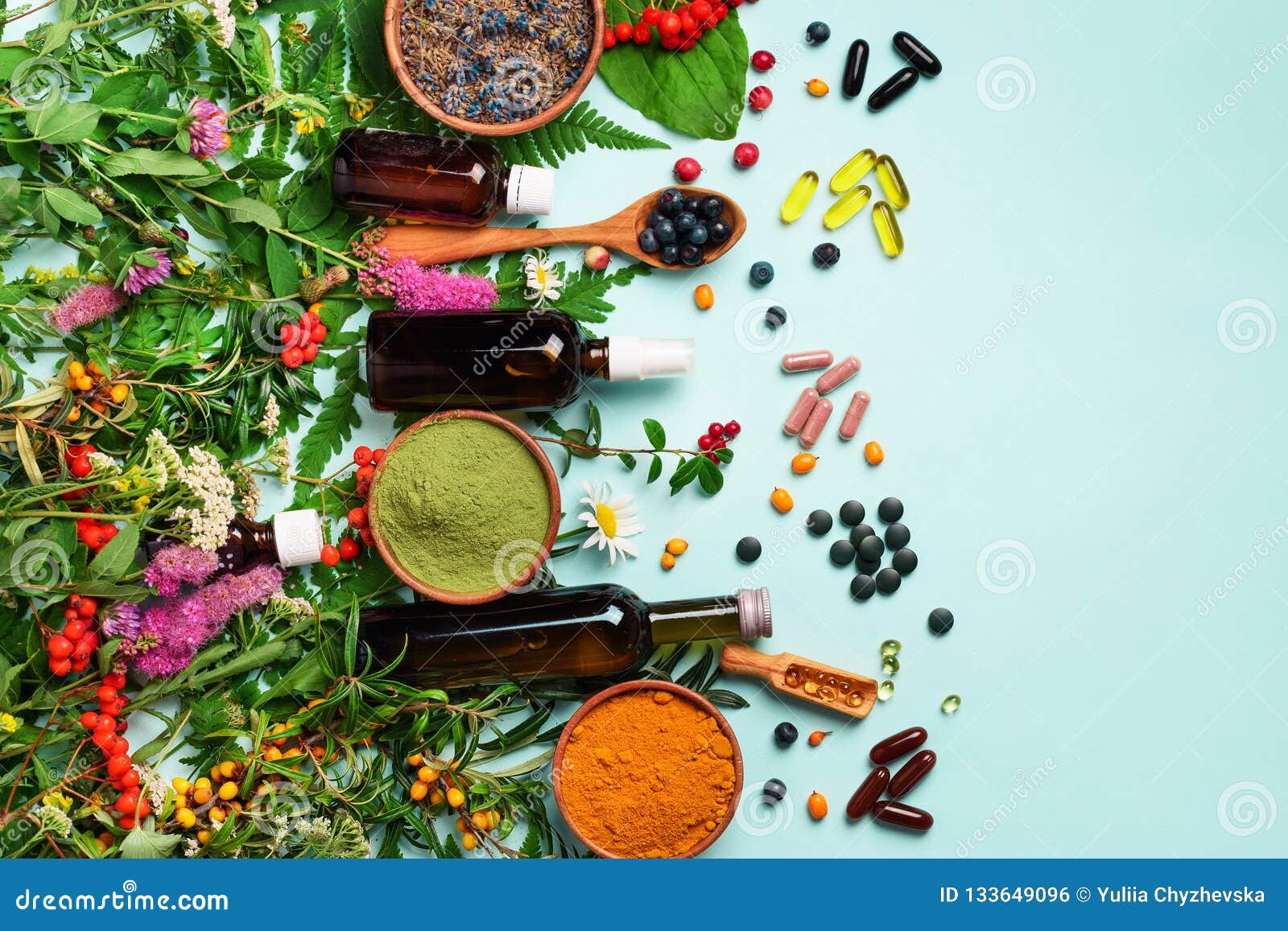 Alternative Medicine Holistic Approach Healing Herbs And Flowers Over