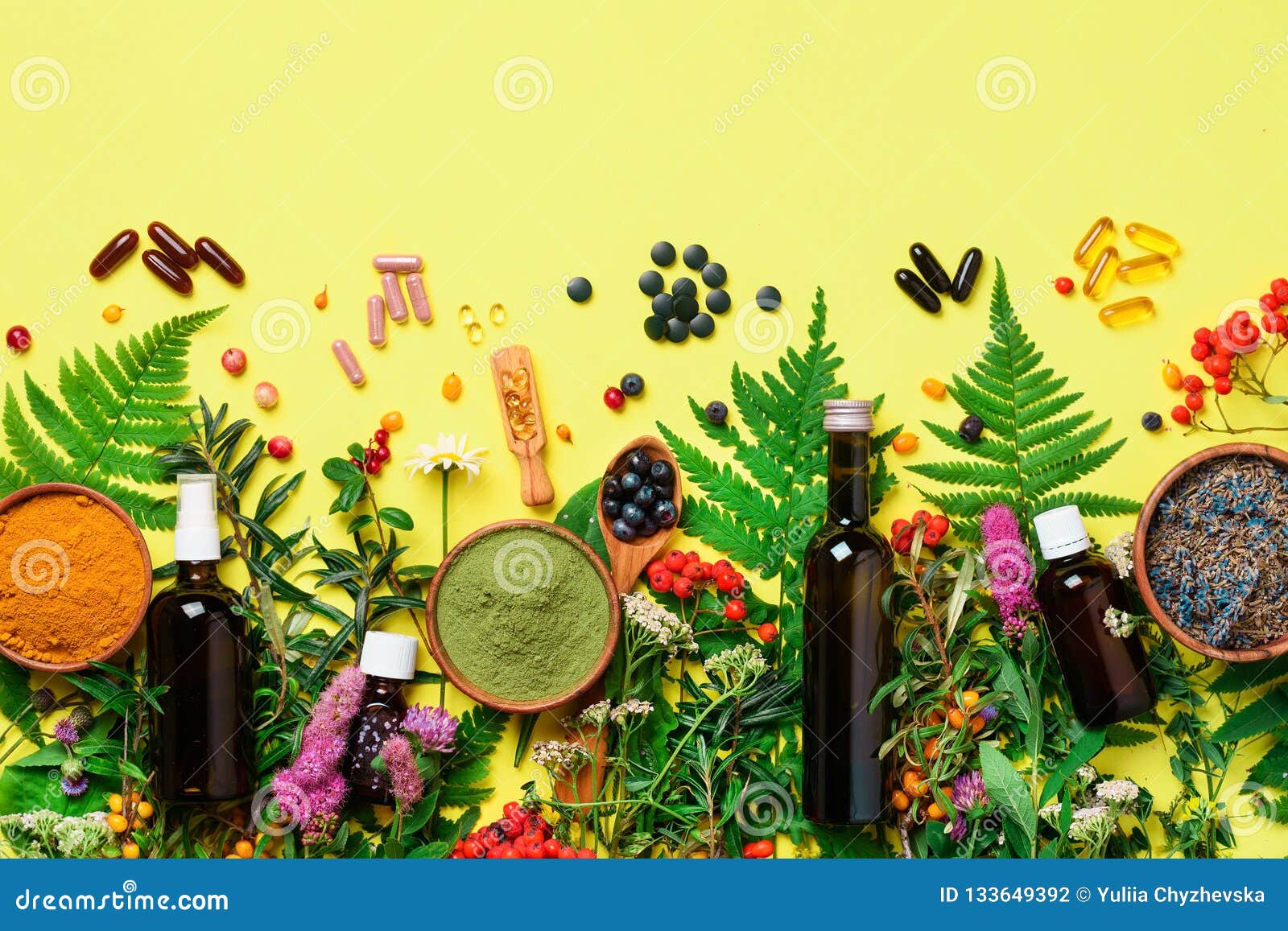Alternative Medicine Holistic Approach Healing Herbs And Flowers Over