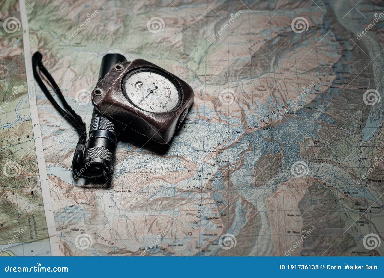 Altimeter and Flashlight Laid Out on a Map Stock Photo - Image of ...