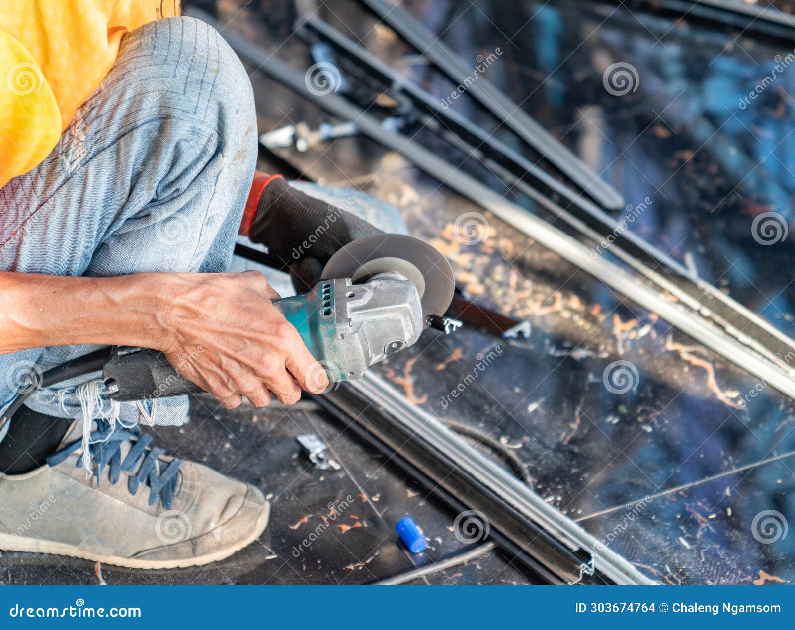 Aluminium Structural Frames Using an Electric Grinder Stock Photo ...