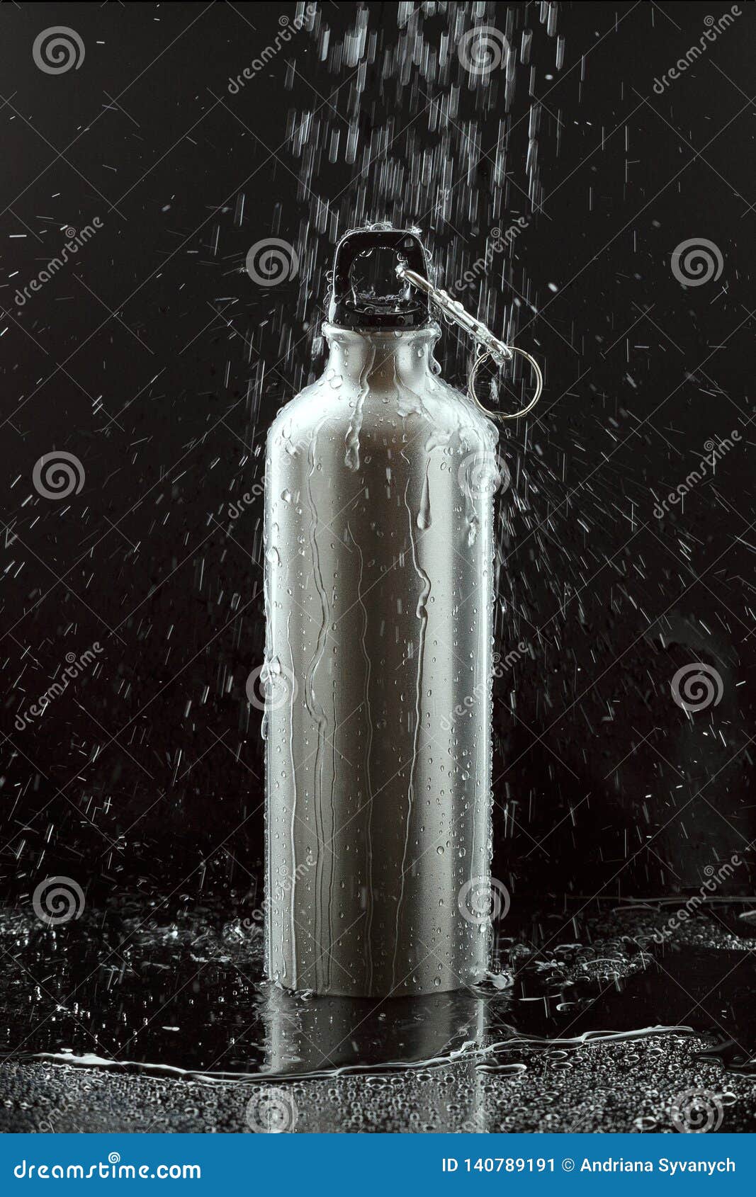 Aluminium Water Flask on Reflective Black Surface Stock Image - Image ...