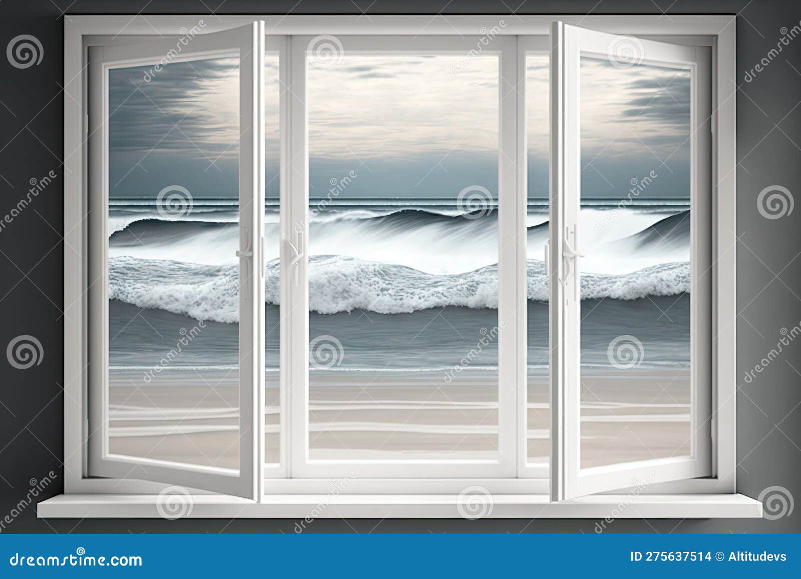 Aluminium Windows with View of the Beach, Waves Rolling Onto the Shore ...
