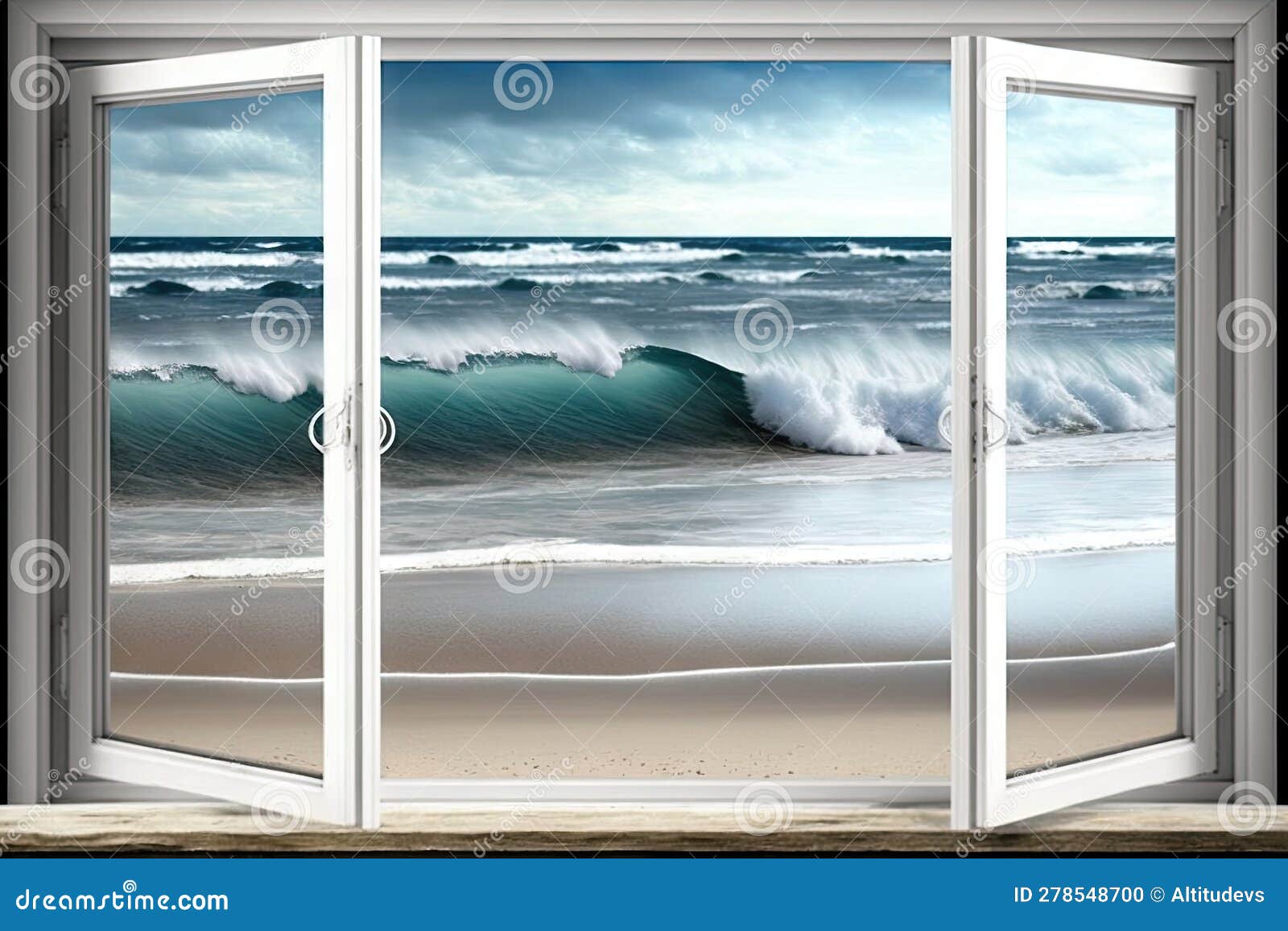 Aluminium Windows With View Of The Beach, Waves Rolling Onto The Shore ...