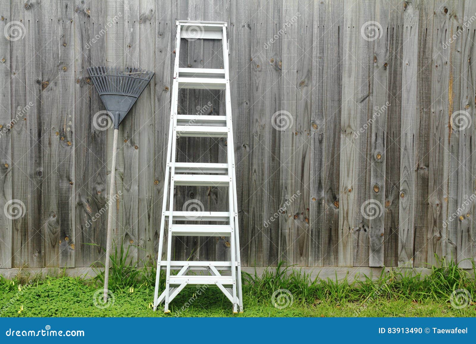 Aluminum Ladder Against the Wall. Stock Photo - Image of pattern, grass ...