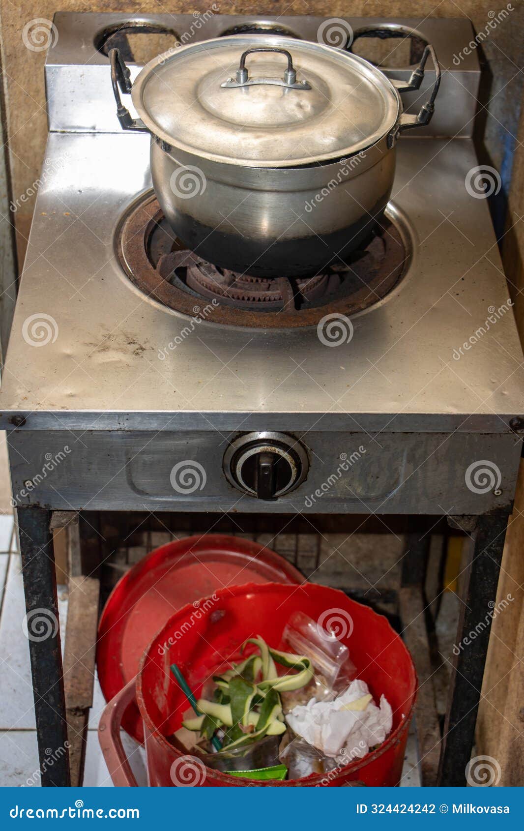 The Aluminum Pot on the Stove at Rural Kitchen Stock Photo - Image of ...