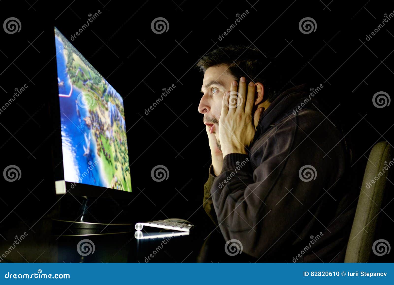 Amazed Guy Emotional Playing Computer Game Stock Photo - Image of night ...