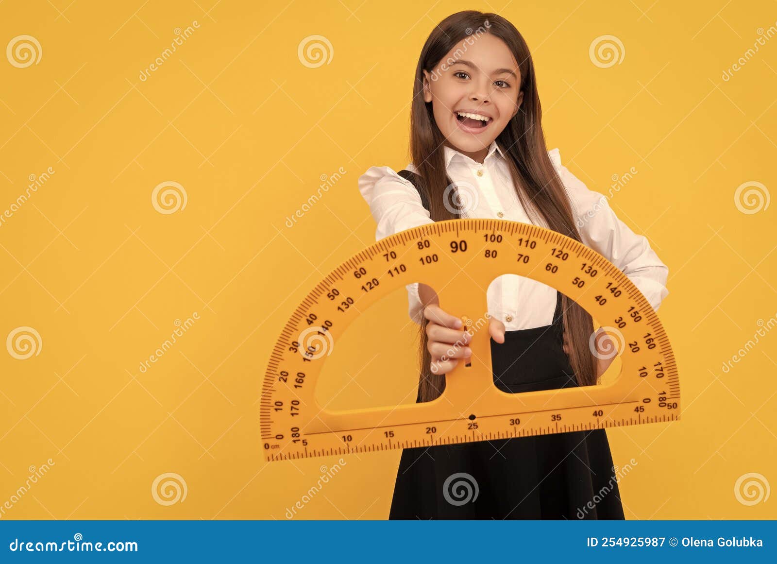 Amazed Kid in School Uniform Hold Mathematics Protractor for Measuring ...