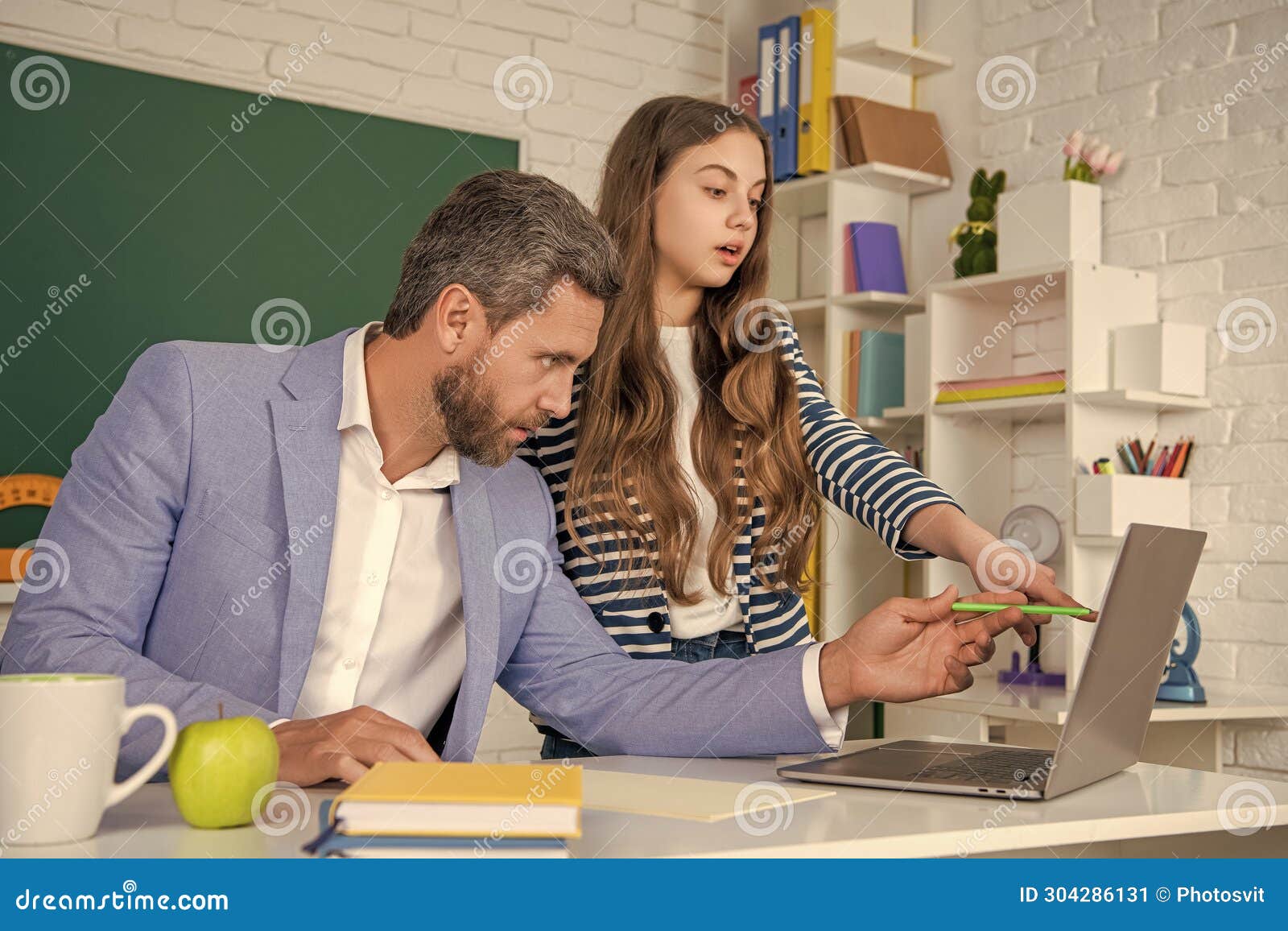 Amazed Kid with Tutor in Classroom Use Laptop Stock Image - Image of ...
