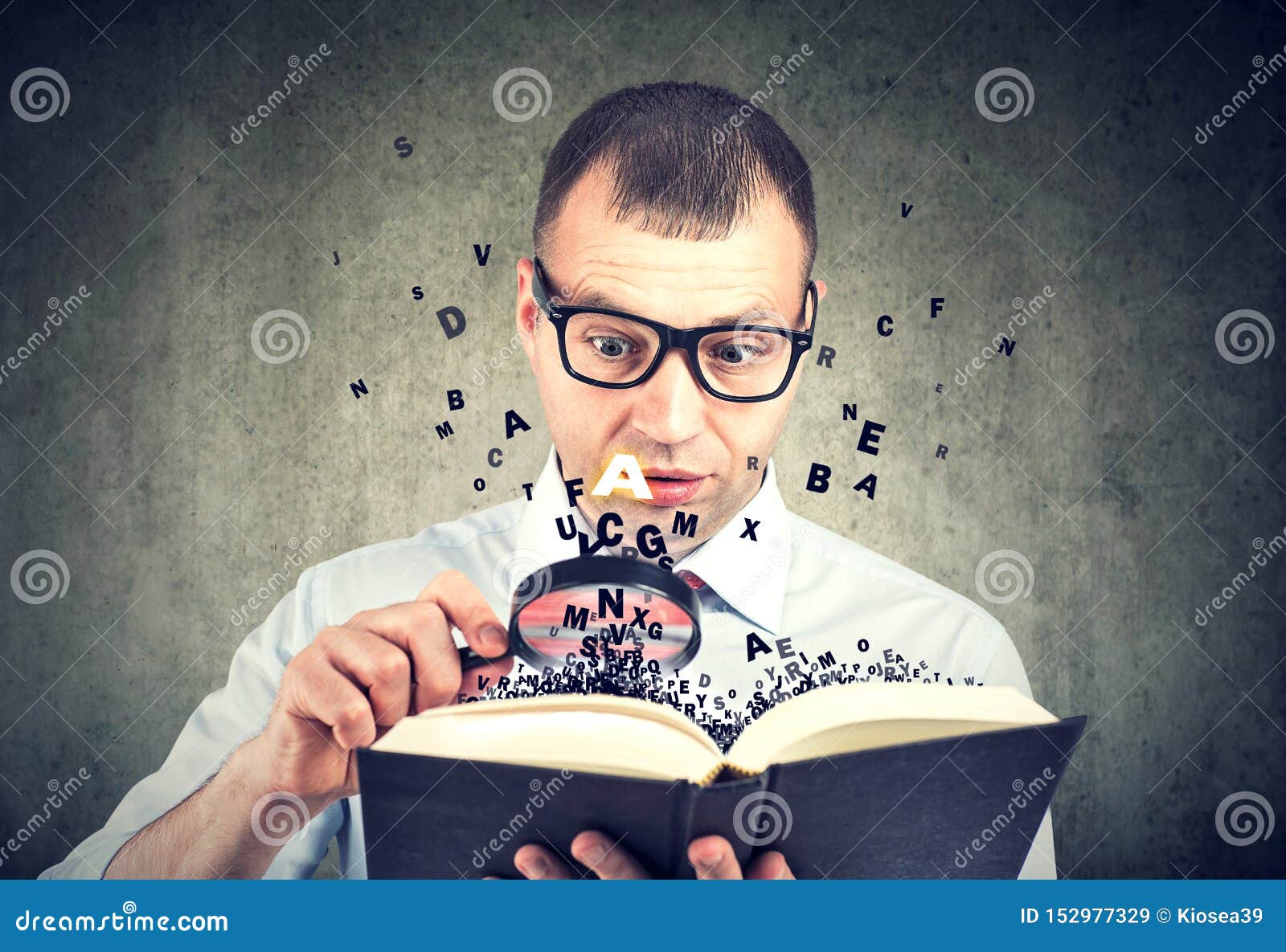 Amazed Man Reading a Book with Letters Flying Away from it Stock Image ...