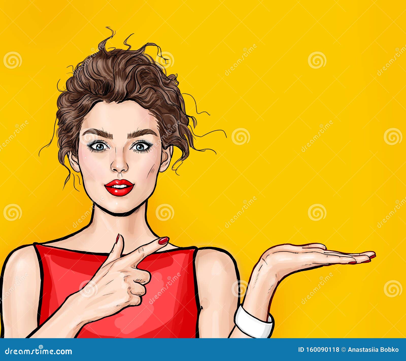Amazed Pop Art Woman Showing Product Advertising Design Of Beautiful