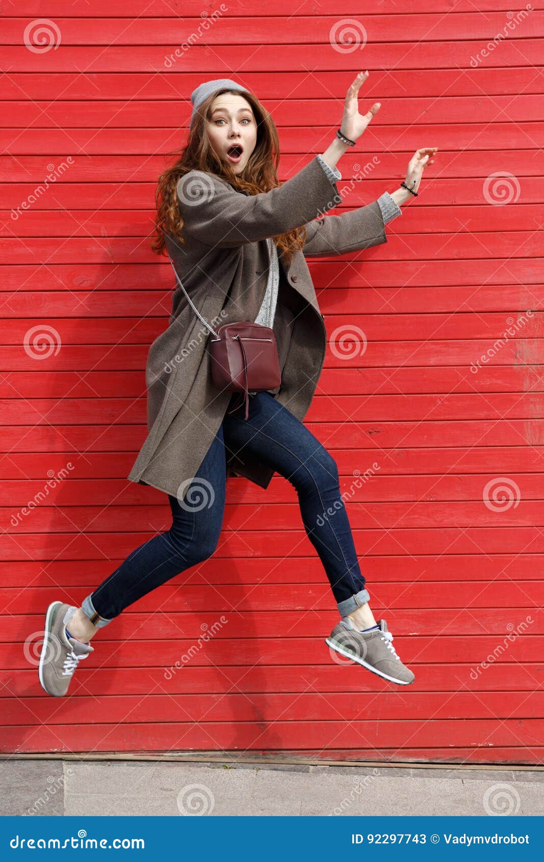 Amazed Scared Young Woman Running and Jumping Stock Image - Image of ...