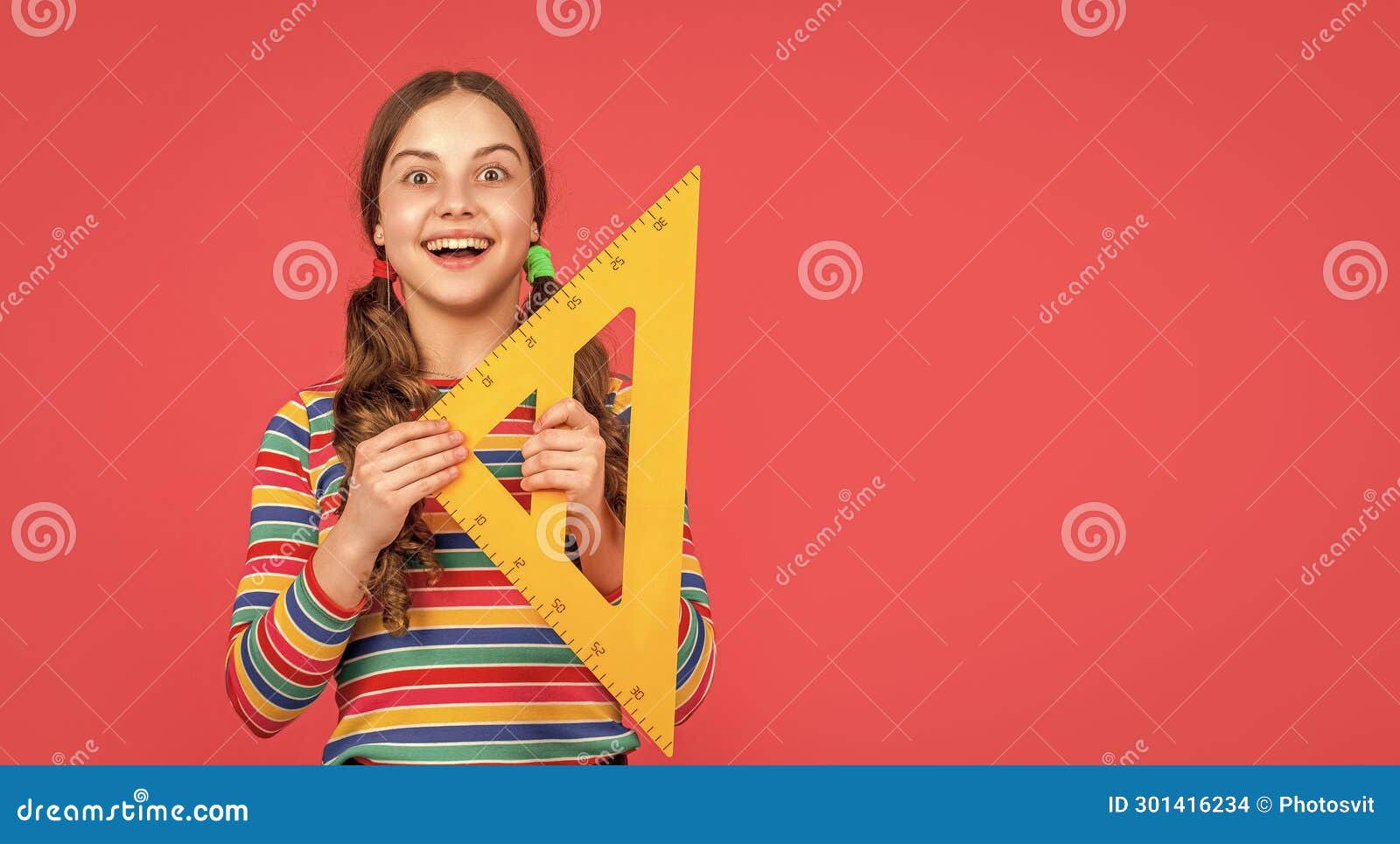 Amazed School Child Hold Math Tool of Triangle Stock Photo - Image of ...