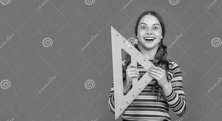 Amazed School Child Hold Math Tool of Triangle Stock Photo - Image of ...