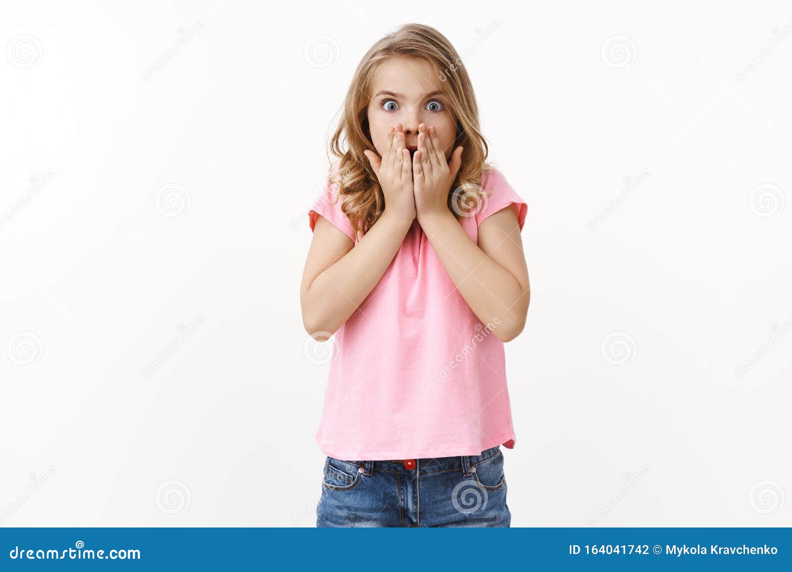 Amazed Speechless Excited Attractive Young Woman Blond Long Hair Press