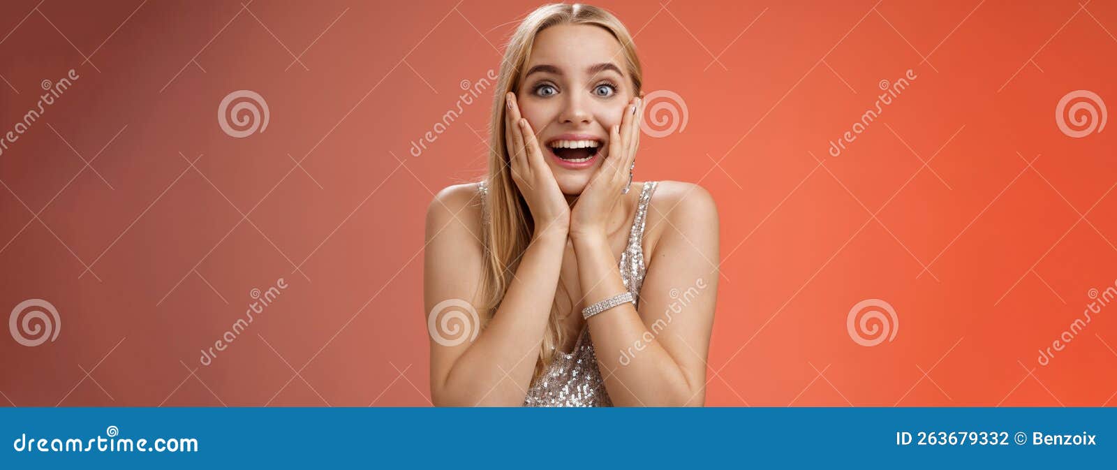 Amazed Speechless Excited Attractive Young Woman Blond Long Hair Press
