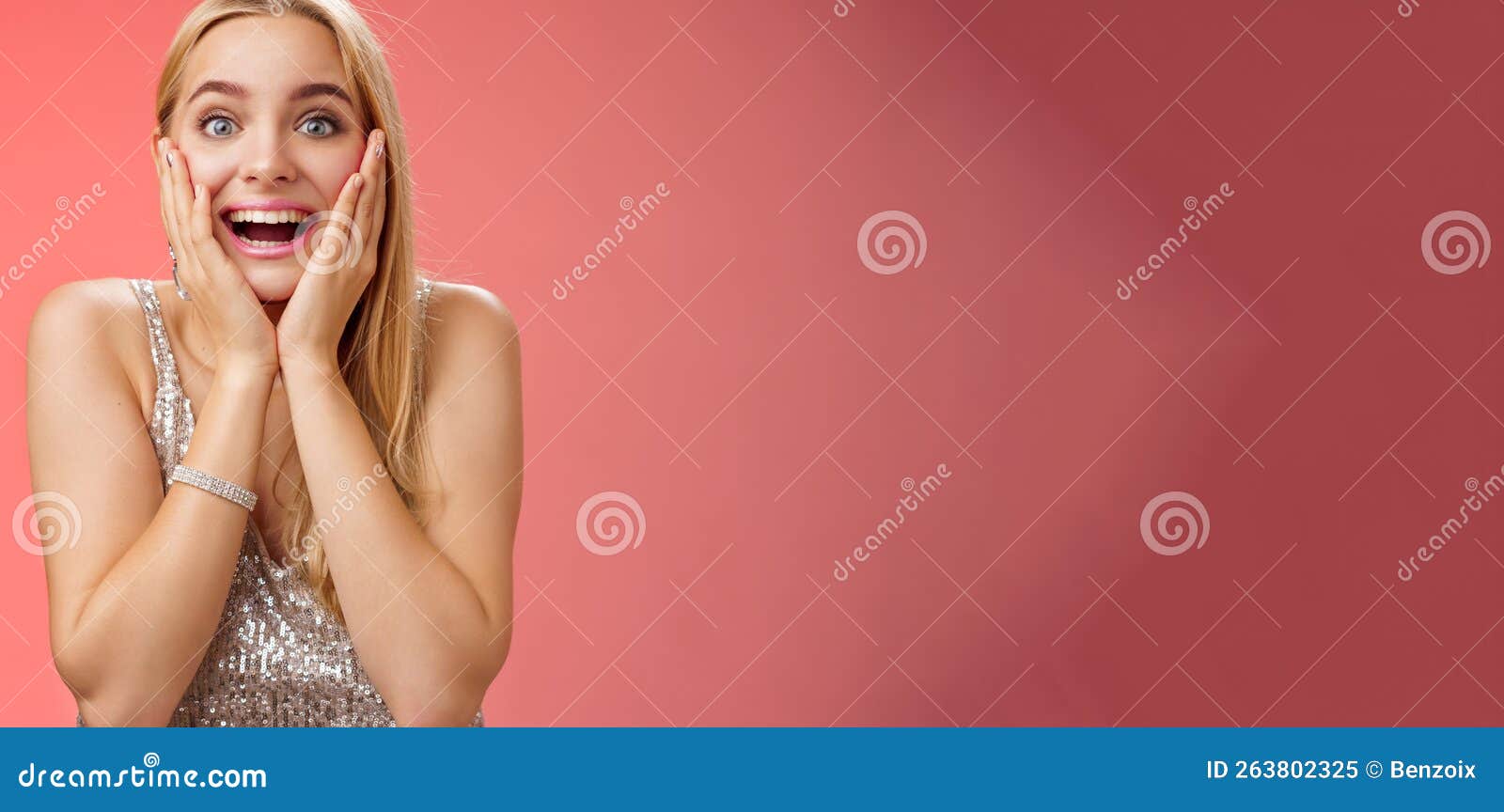 Amazed Speechless Excited Attractive Young Woman Blond Long Hair Press
