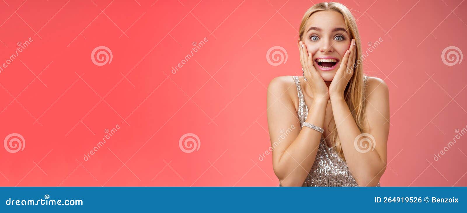Amazed Speechless Excited Attractive Young Woman Blond Long Hair Press