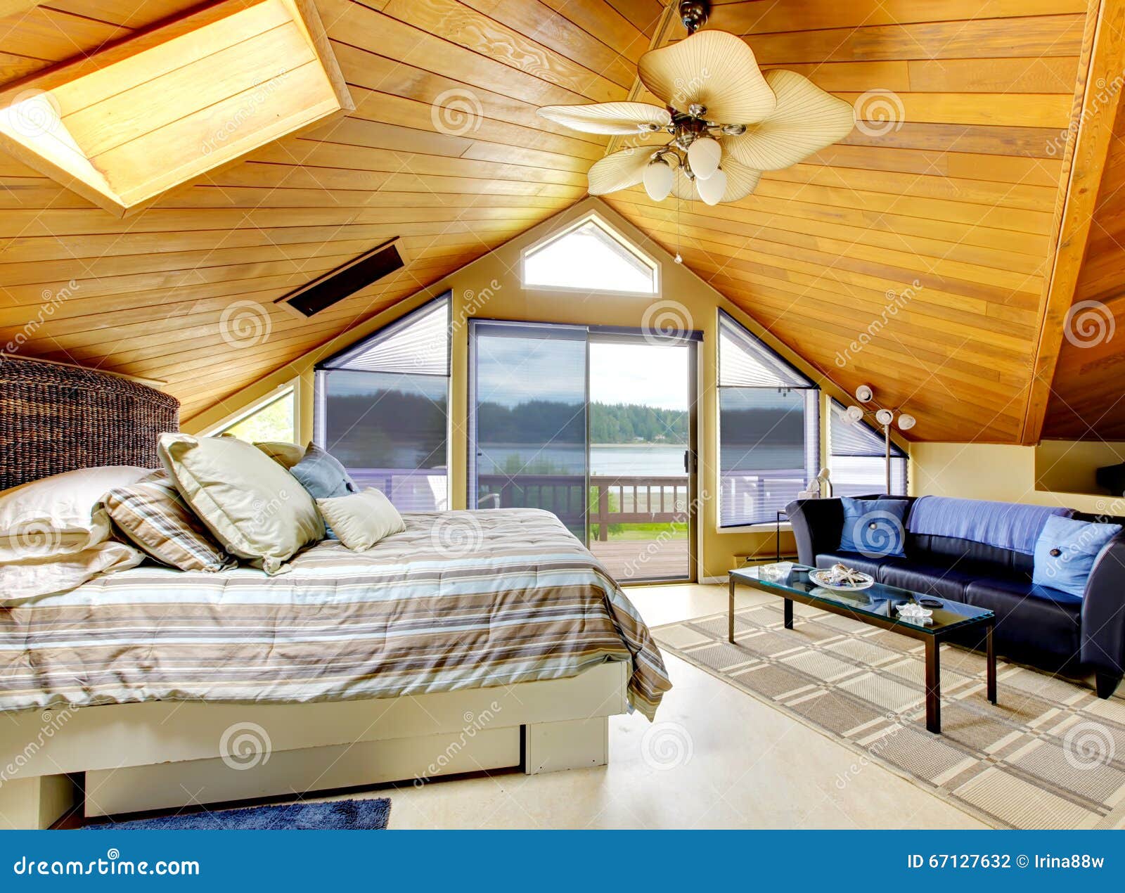 Amazing Bedroom with Pyramid Style Ceiling and Great Decor. Stock Photo ...