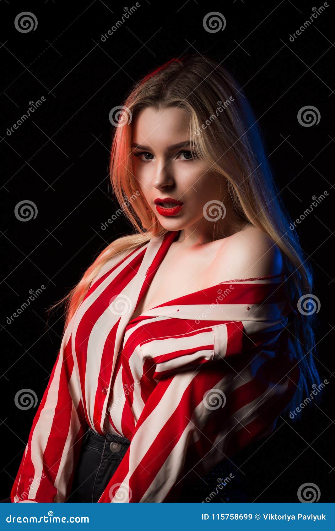 Amazing Blonde Girl With Red Lips Posing With Closed Eyes At Stu Stock