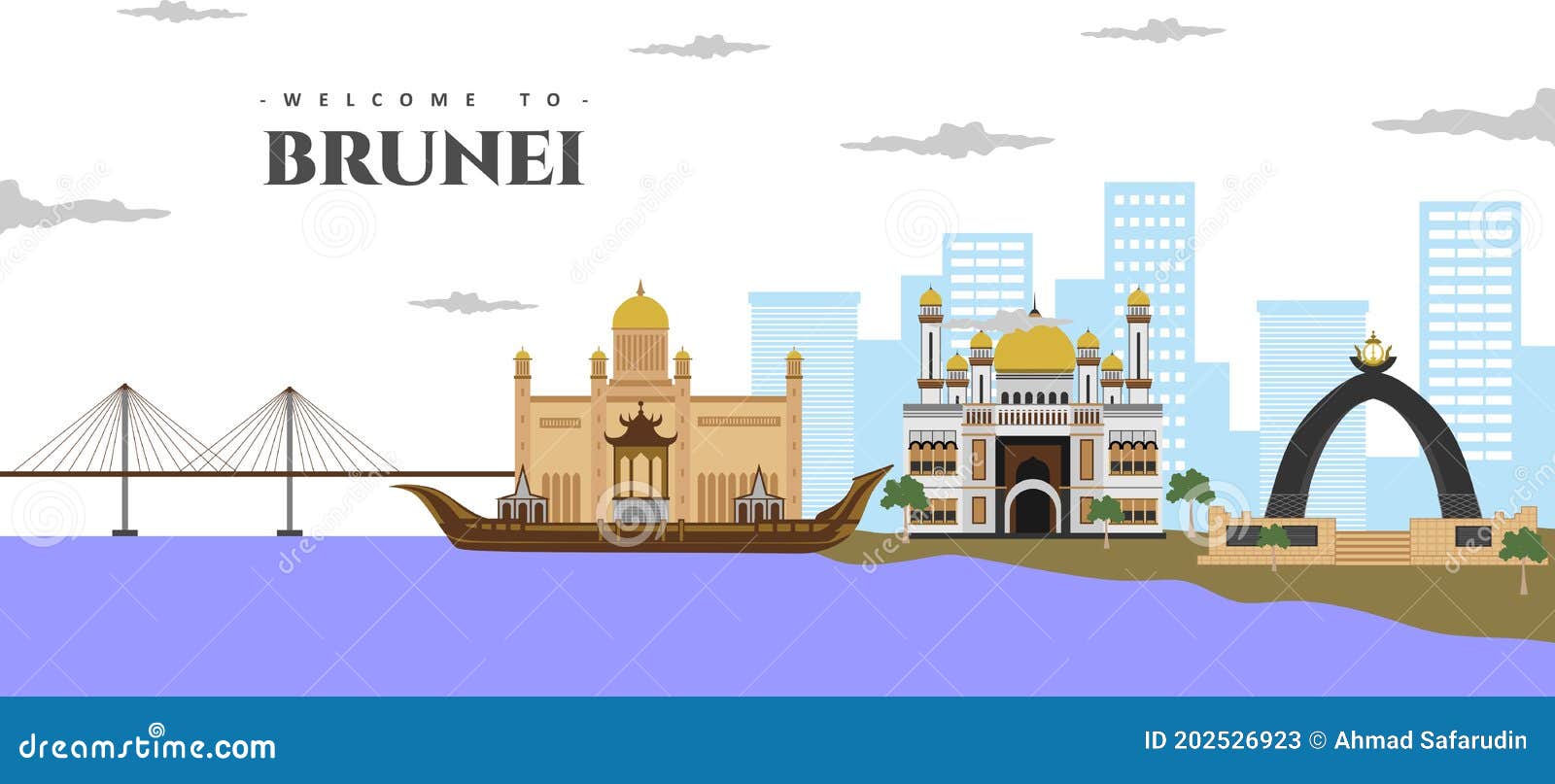 Brunei Welcome To Word Text With Handwritten Font And Golden Tex Vector