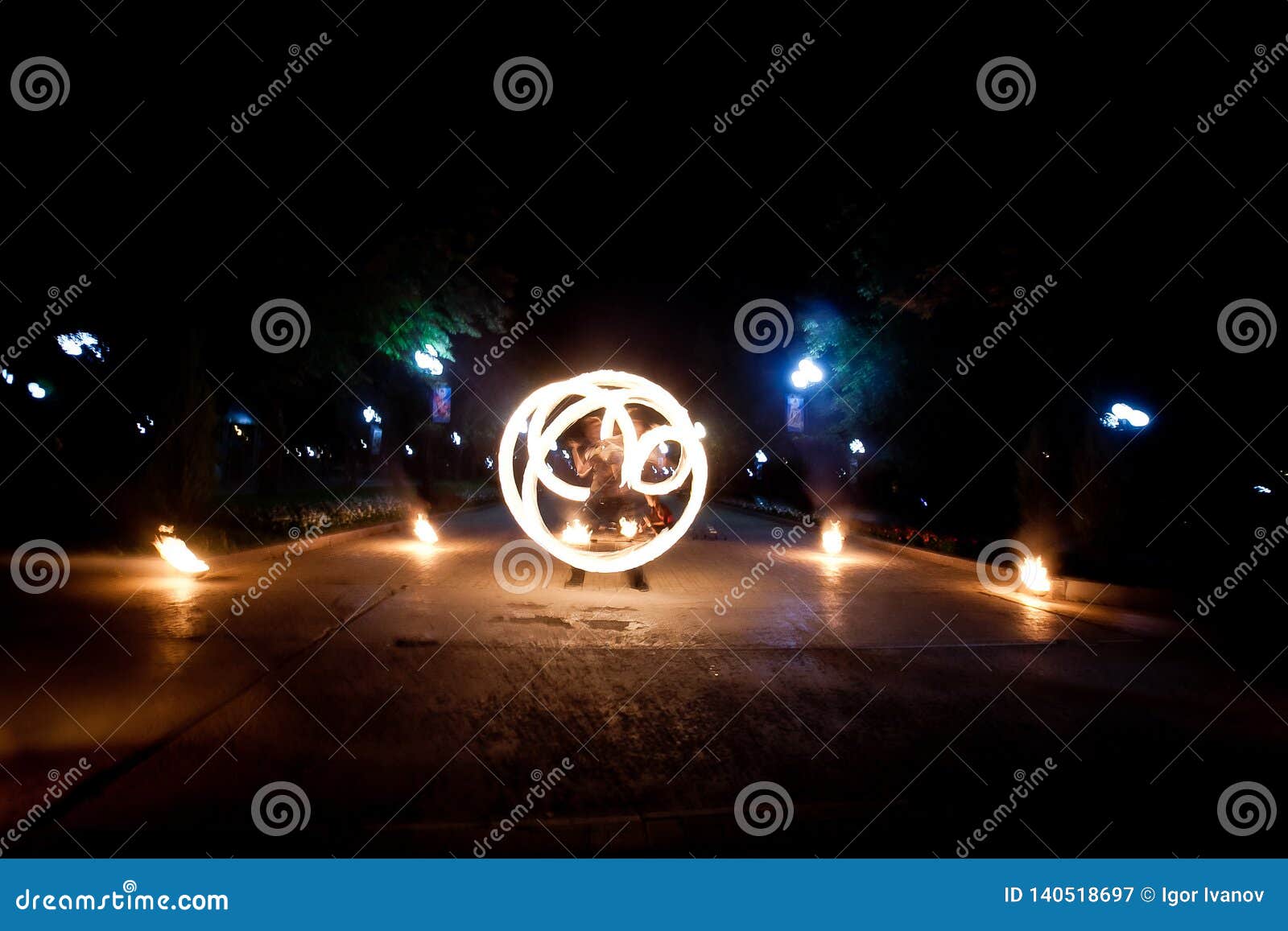 Amazing Fire Show Dance. Fire Dancer Playing with Flame Stock Image ...