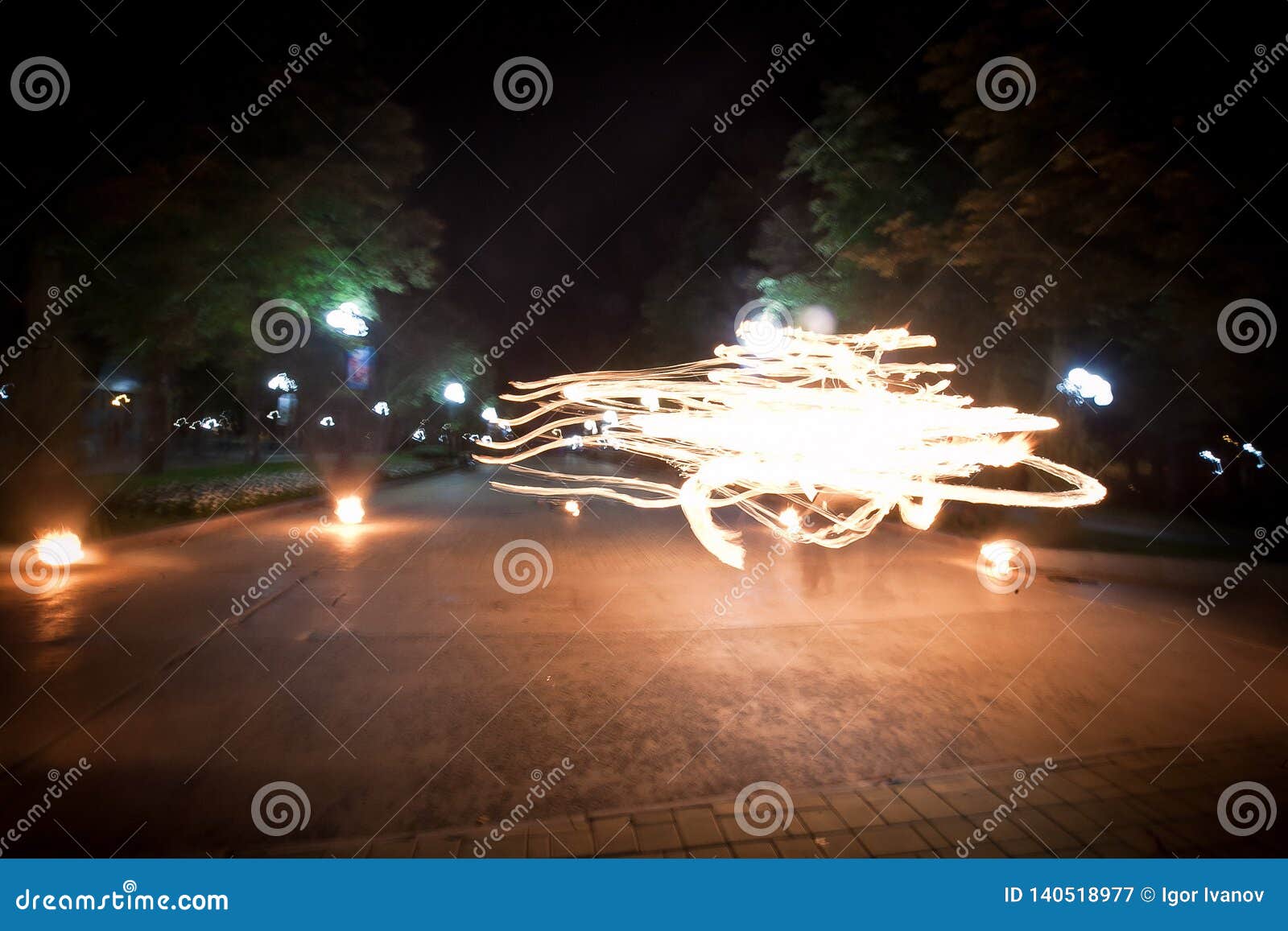 Amazing Fire Show Dance. Fire Dancer Playing with Flame Stock Image ...