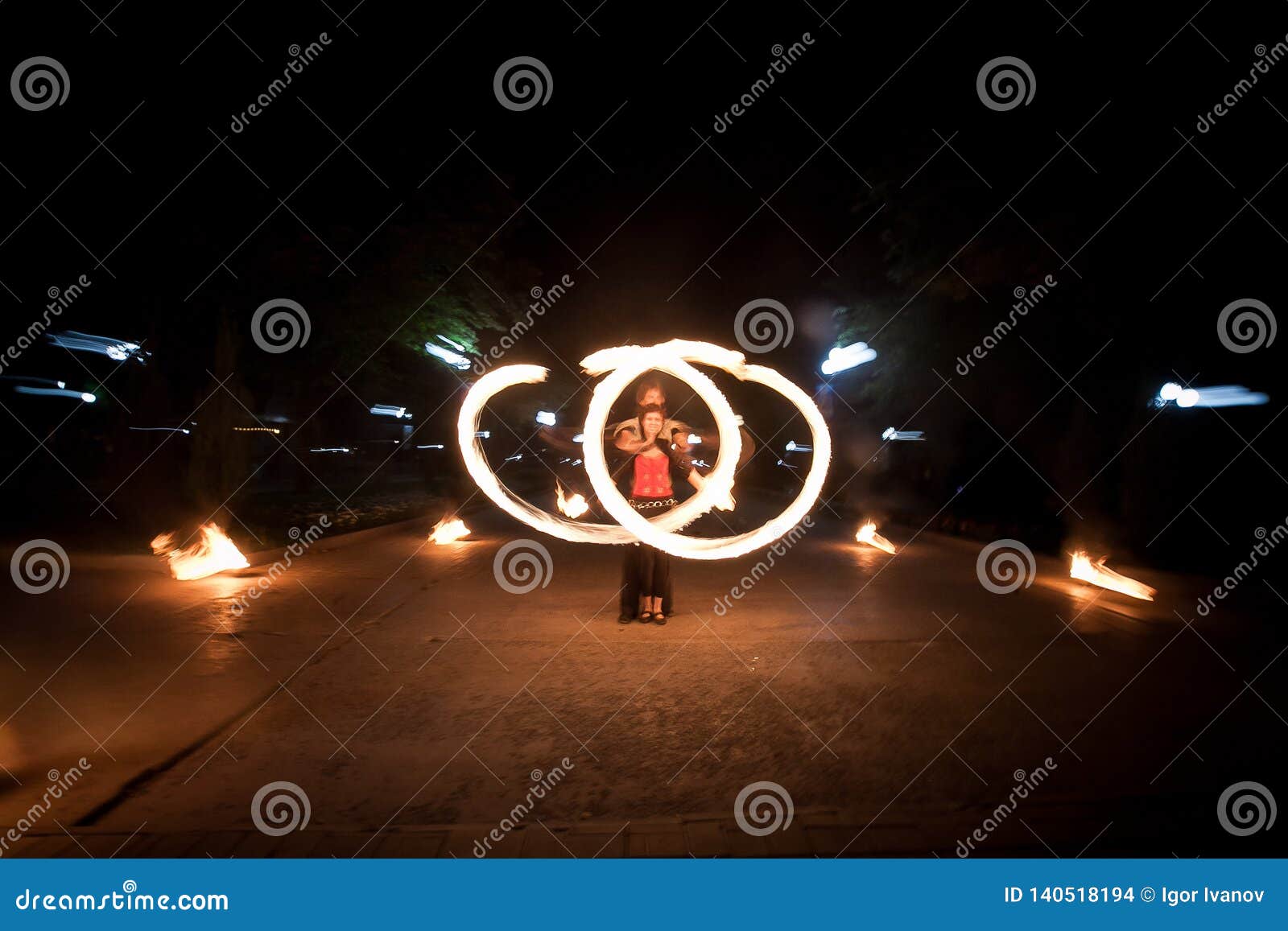 Amazing Fire Show Dance. Fire Dancers Playing with Flame Stock Photo ...