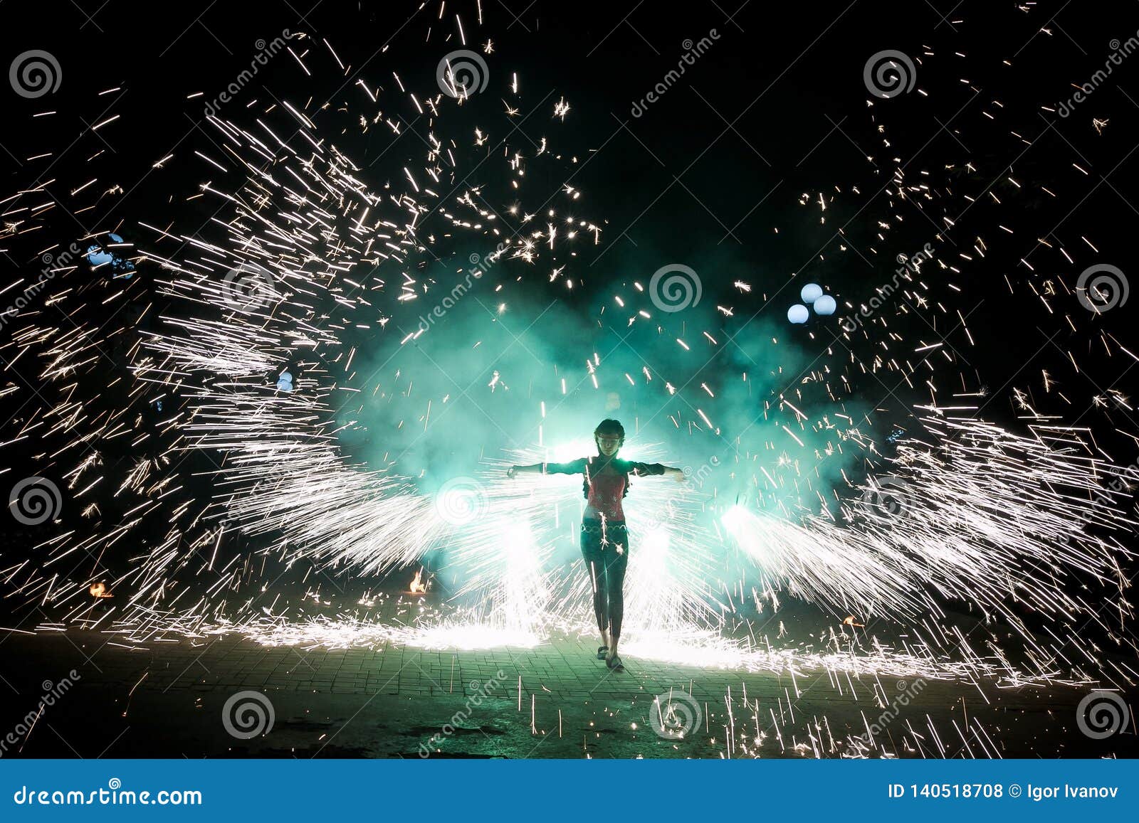 Amazing Fire Show Dance. Fire Dancers Playing with Flame Editorial ...
