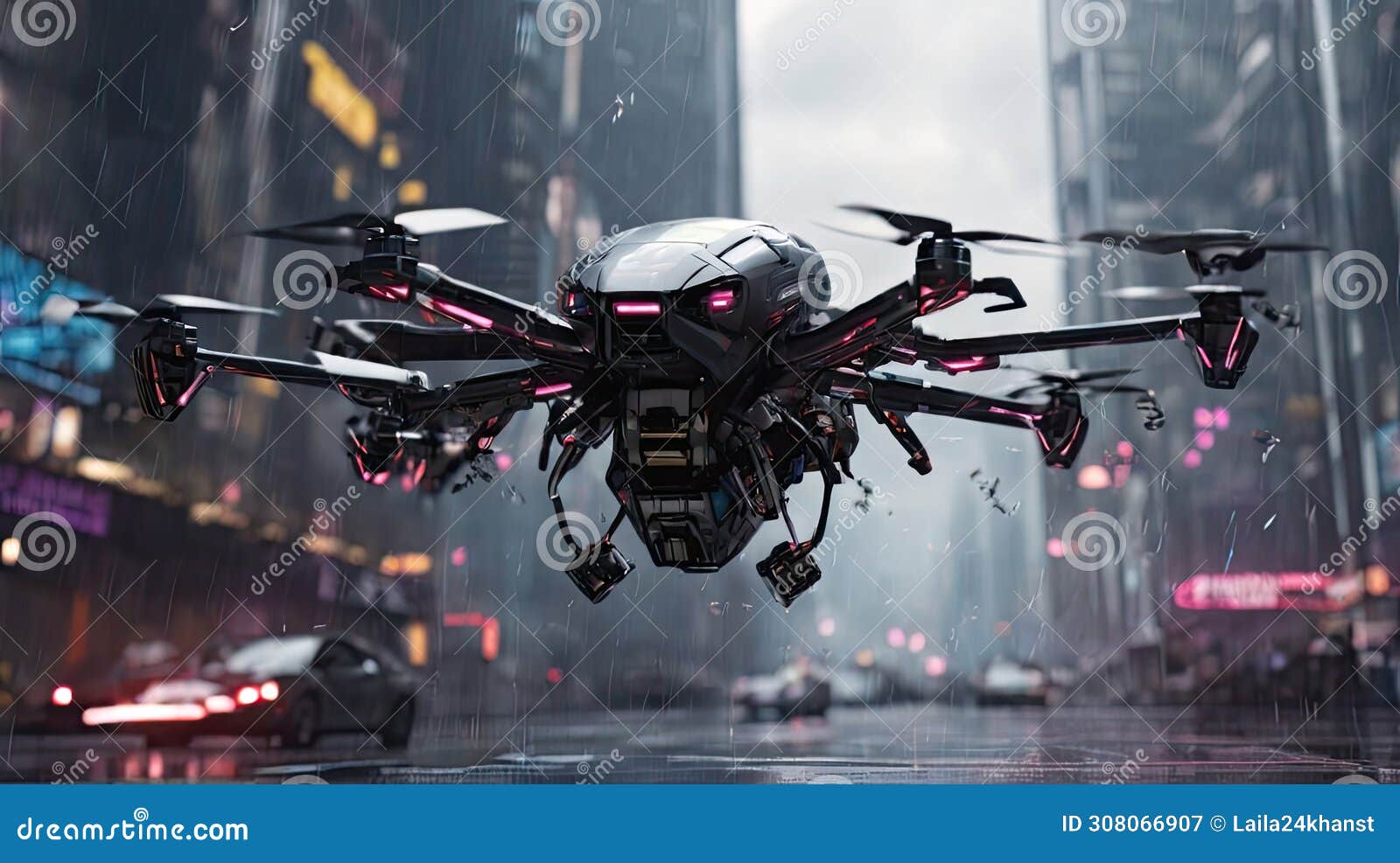 Amazing Flying Drone Camera in Rain. Stock Illustration - Illustration ...