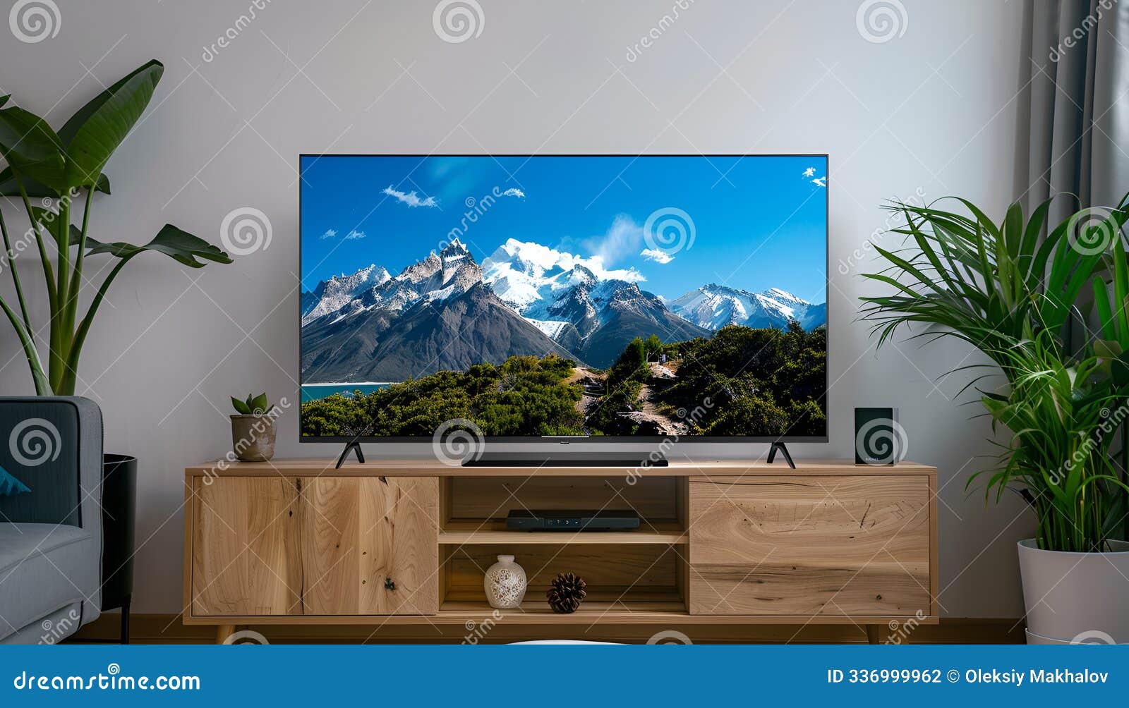 Amazing Mountain Landscape on TV Screen in Room Stock Illustration ...
