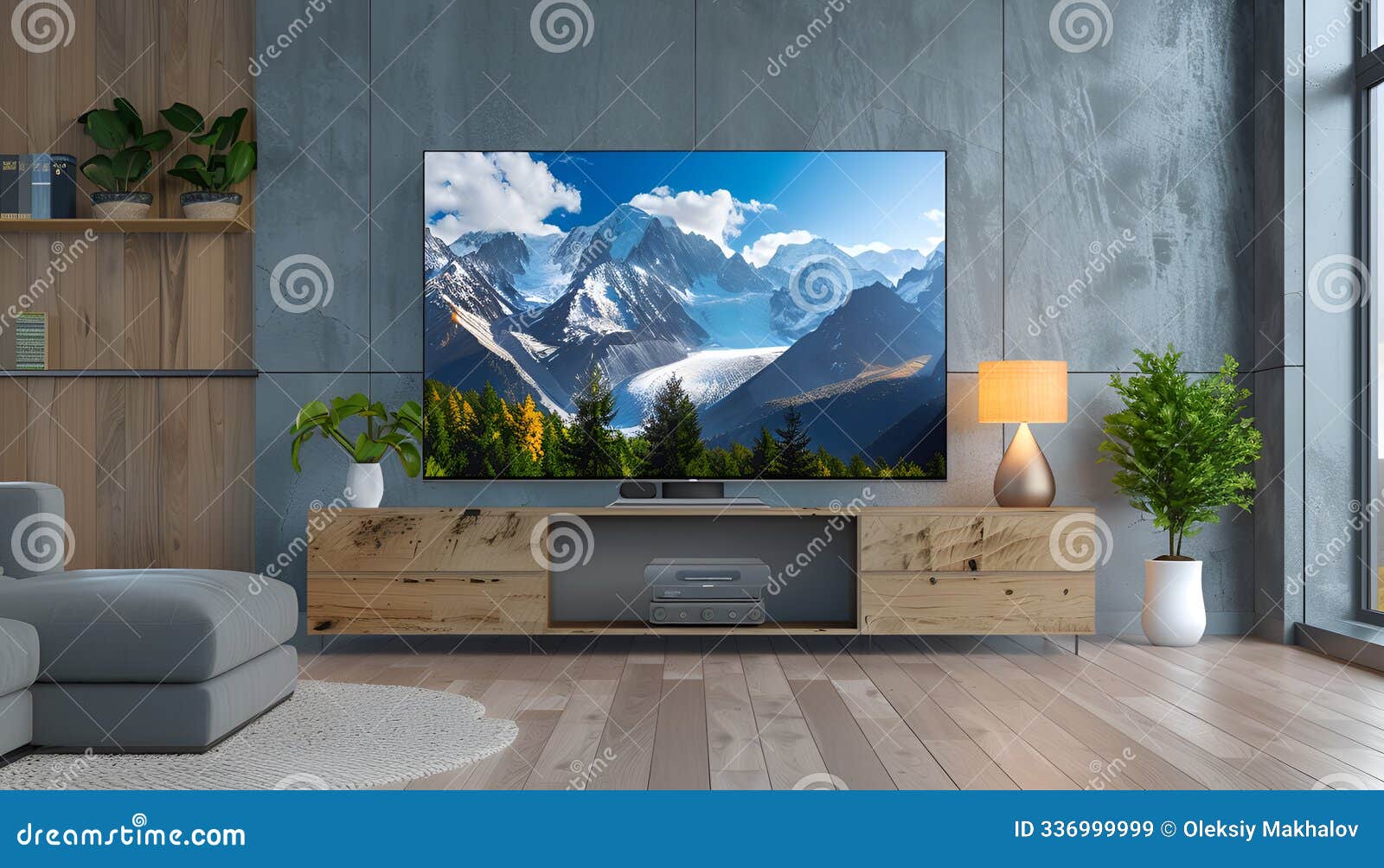 Amazing Mountain Landscape on TV Screen in Room Stock Illustration ...
