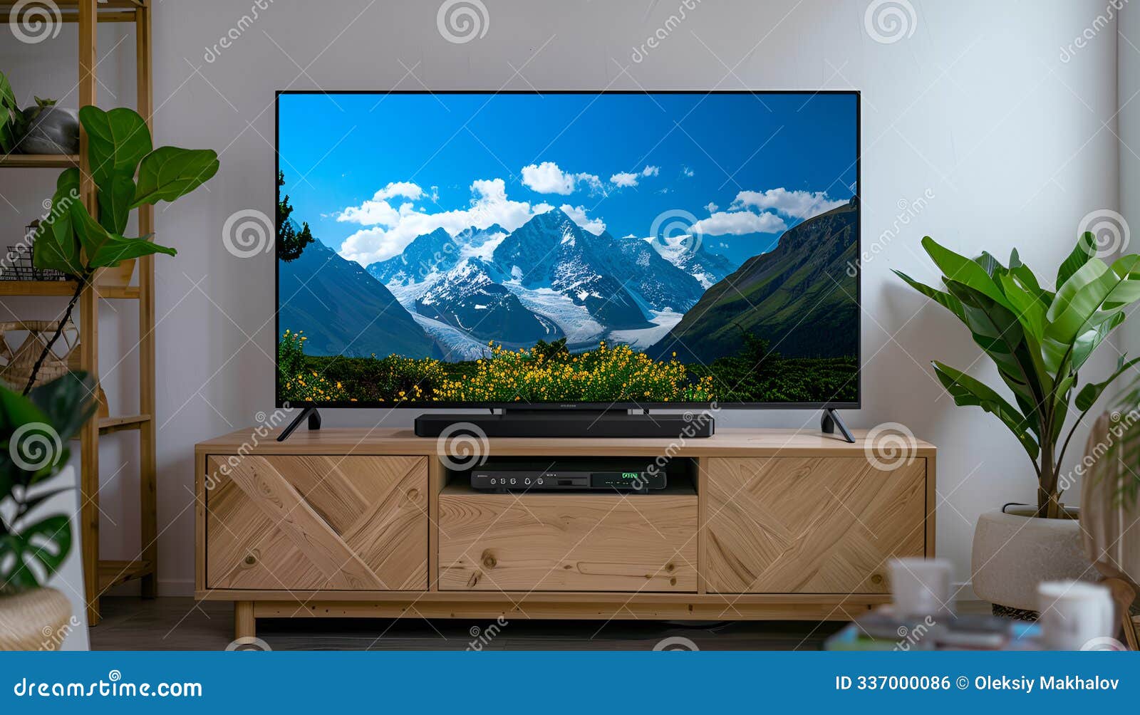 Amazing Mountain Landscape on TV Screen in Room Stock Illustration ...