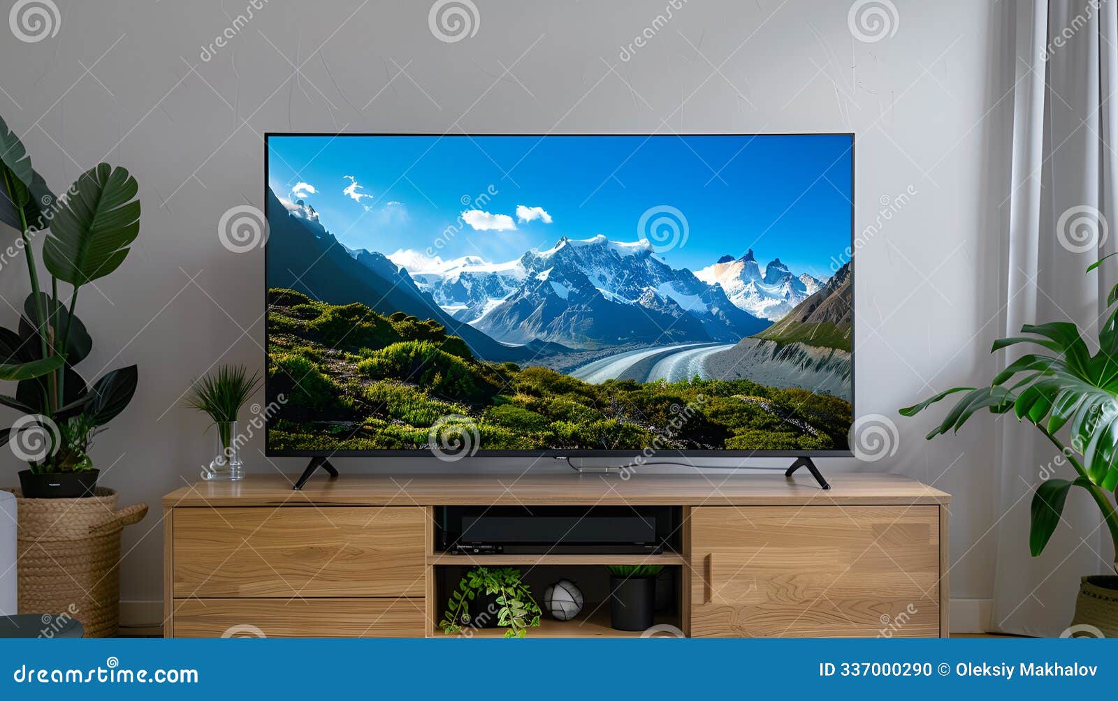 Amazing Mountain Landscape on TV Screen in Room Stock Illustration ...