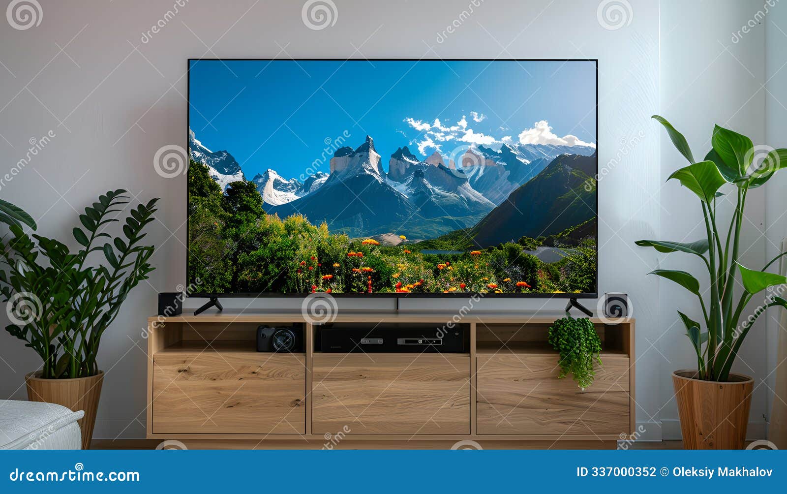 Amazing Mountain Landscape on TV Screen in Room Stock Illustration ...