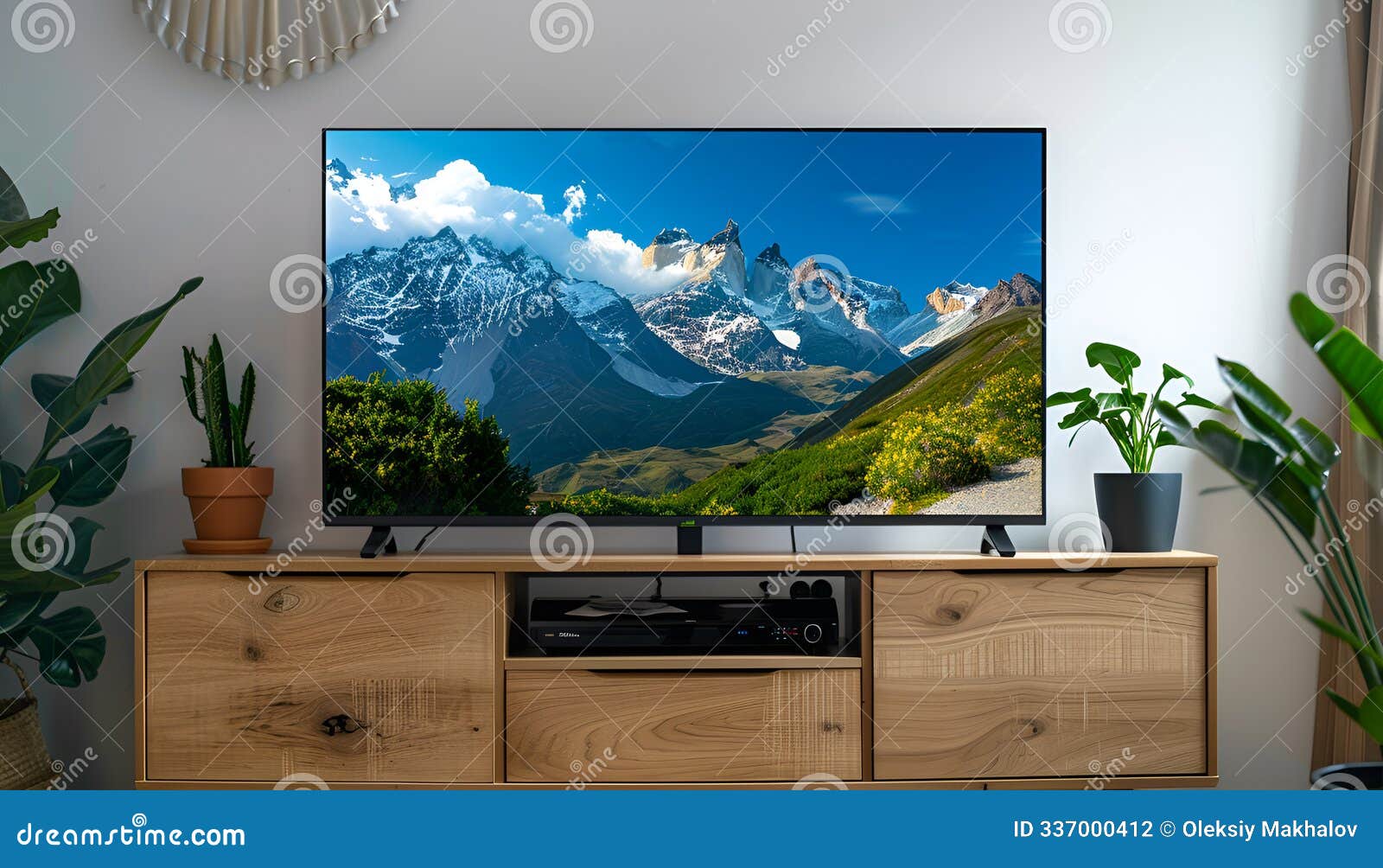 Amazing Mountain Landscape on TV Screen in Room Stock Illustration ...