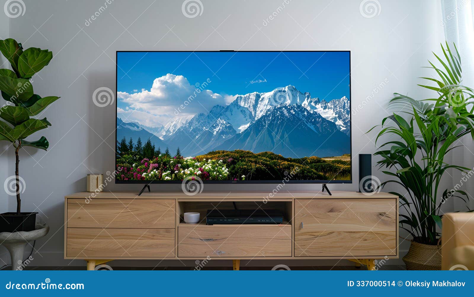 Amazing Mountain Landscape on TV Screen in Room Stock Illustration ...