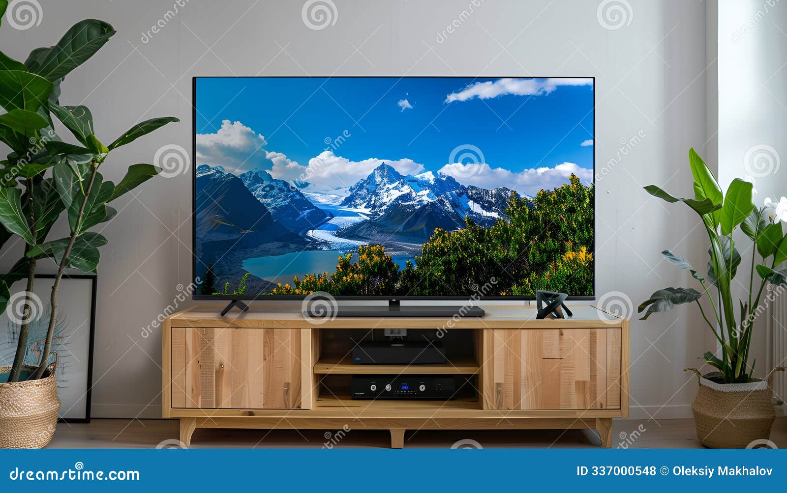 Amazing Mountain Landscape on TV Screen in Room Stock Illustration ...