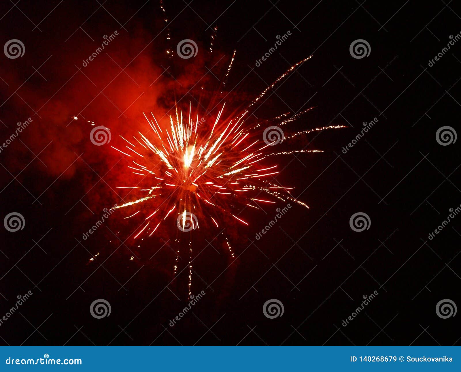 Amazing Red Firework in Night Stock Image - Image of night, foggy ...