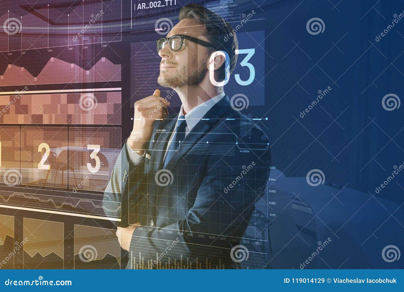Computer System Analyst Smiling while Looking at the Screen Stock Image ...
