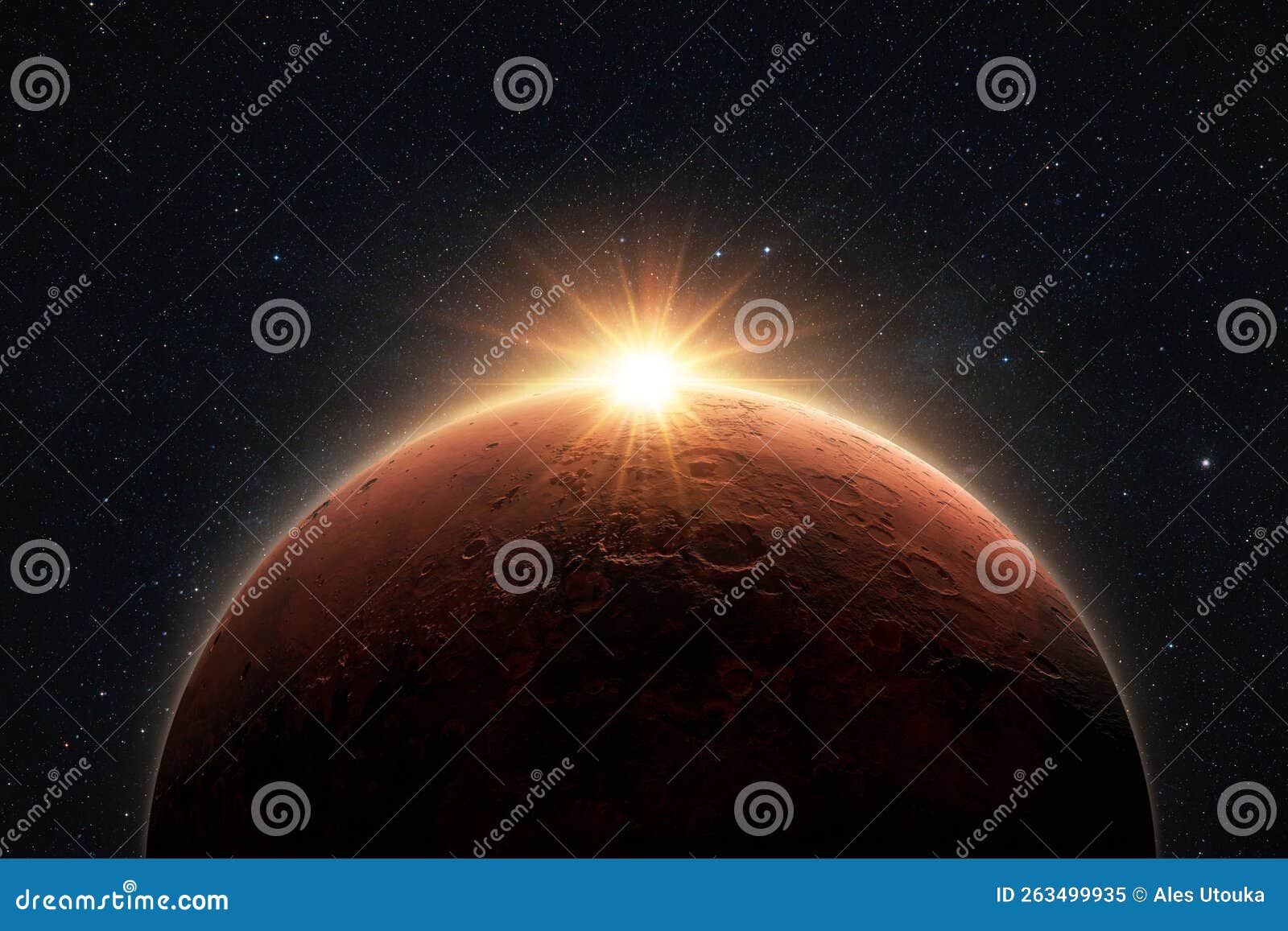 Amazing Red Planet Mars with Sunrise Rays in Deep Starry Space. Space ...