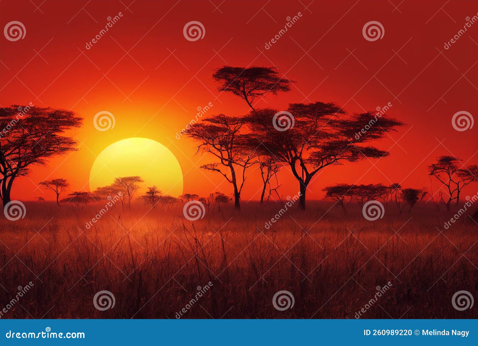 Amazing Red Sunset in the Savannah Stock Illustration - Illustration of ...