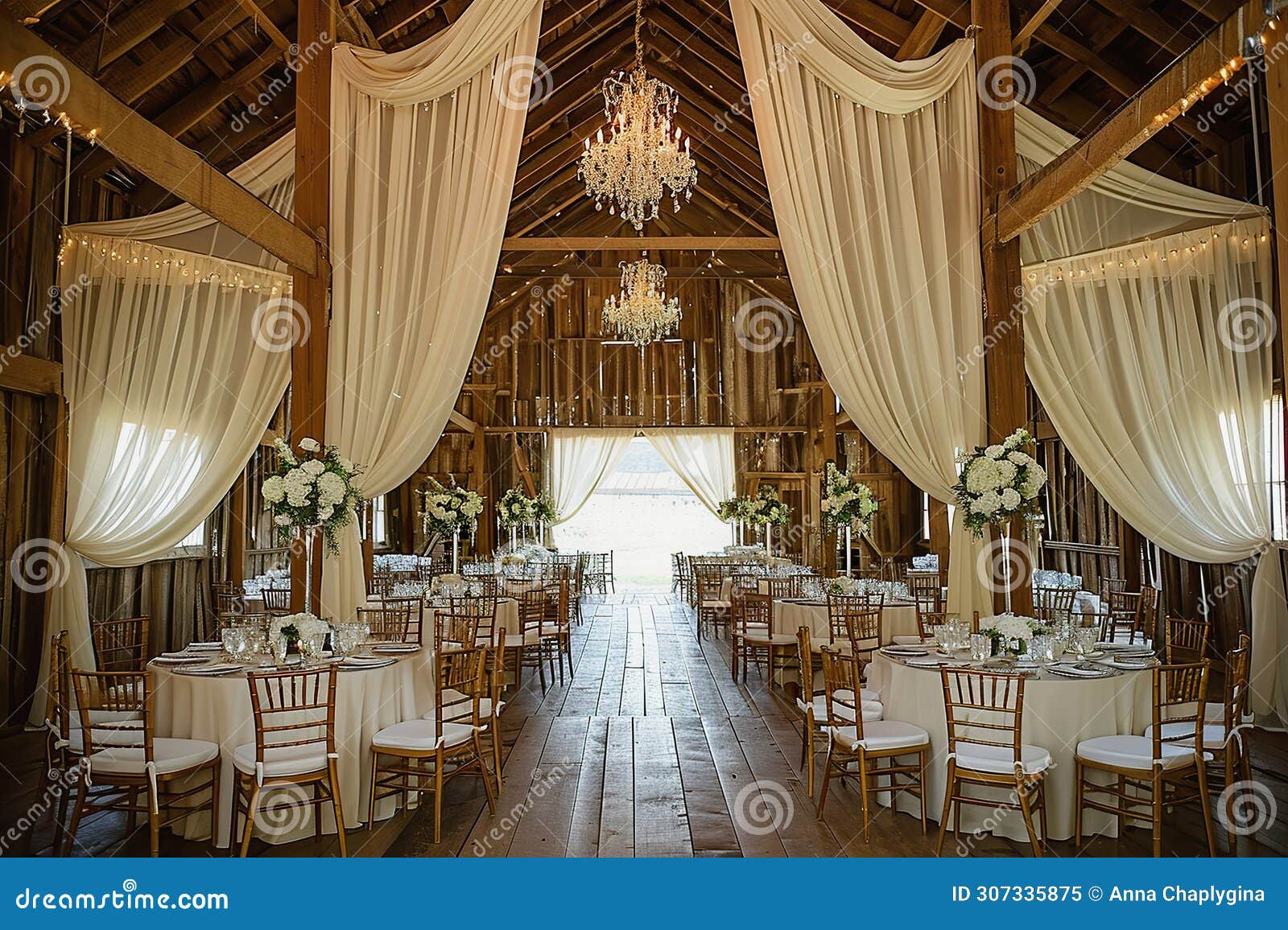 Amazing Rustic Wedding Venue. Reception Set Up in Barn Stock Image ...