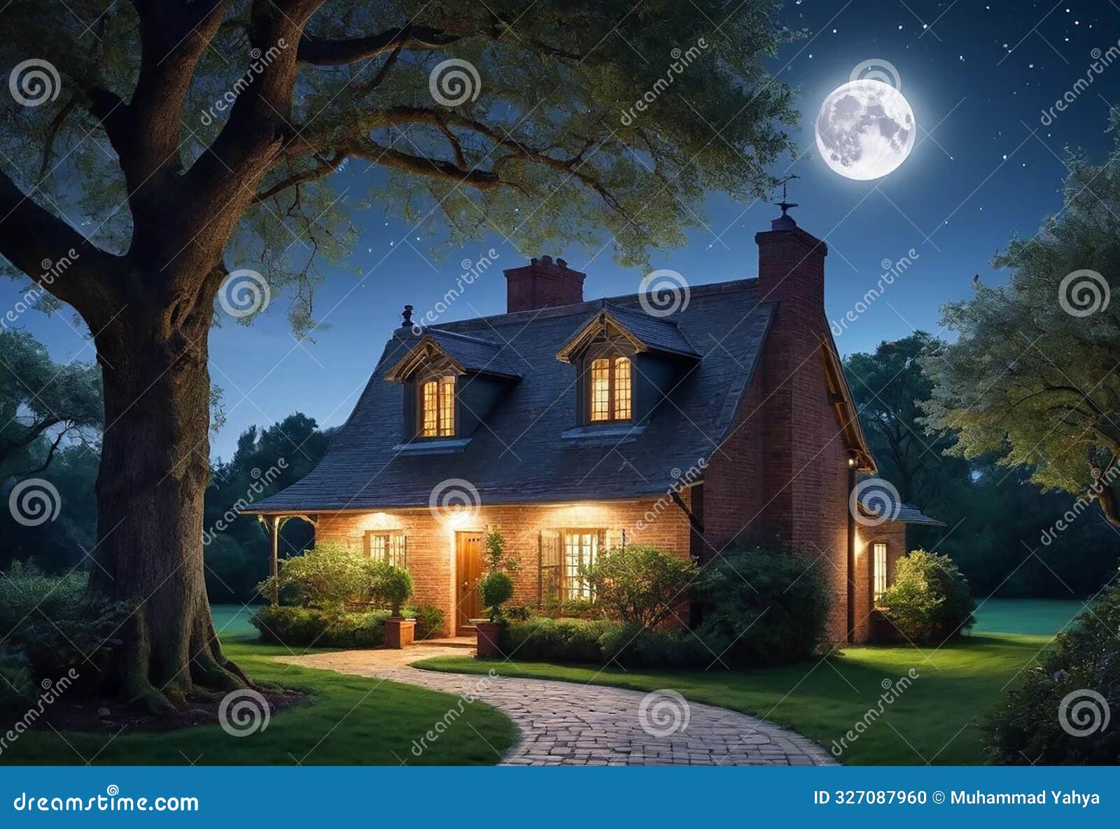 Amazing Scene of a House with Moonlight at Night Stock Illustration ...