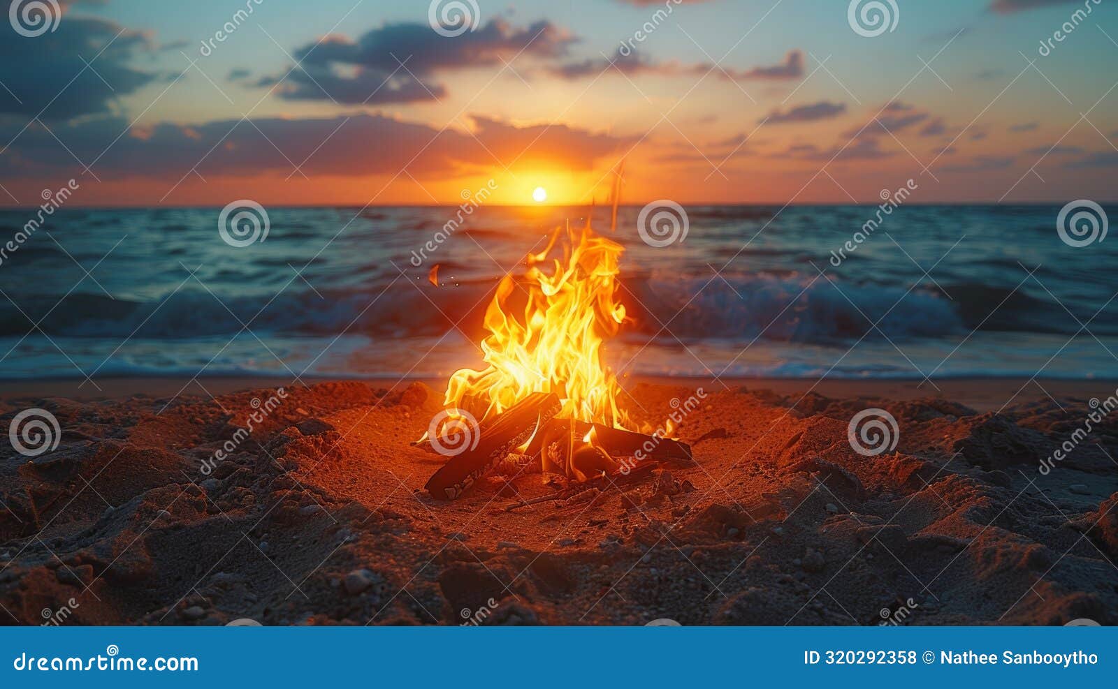 Amazing View of a Bonfire Burning on the Beach at Sunset Stock ...