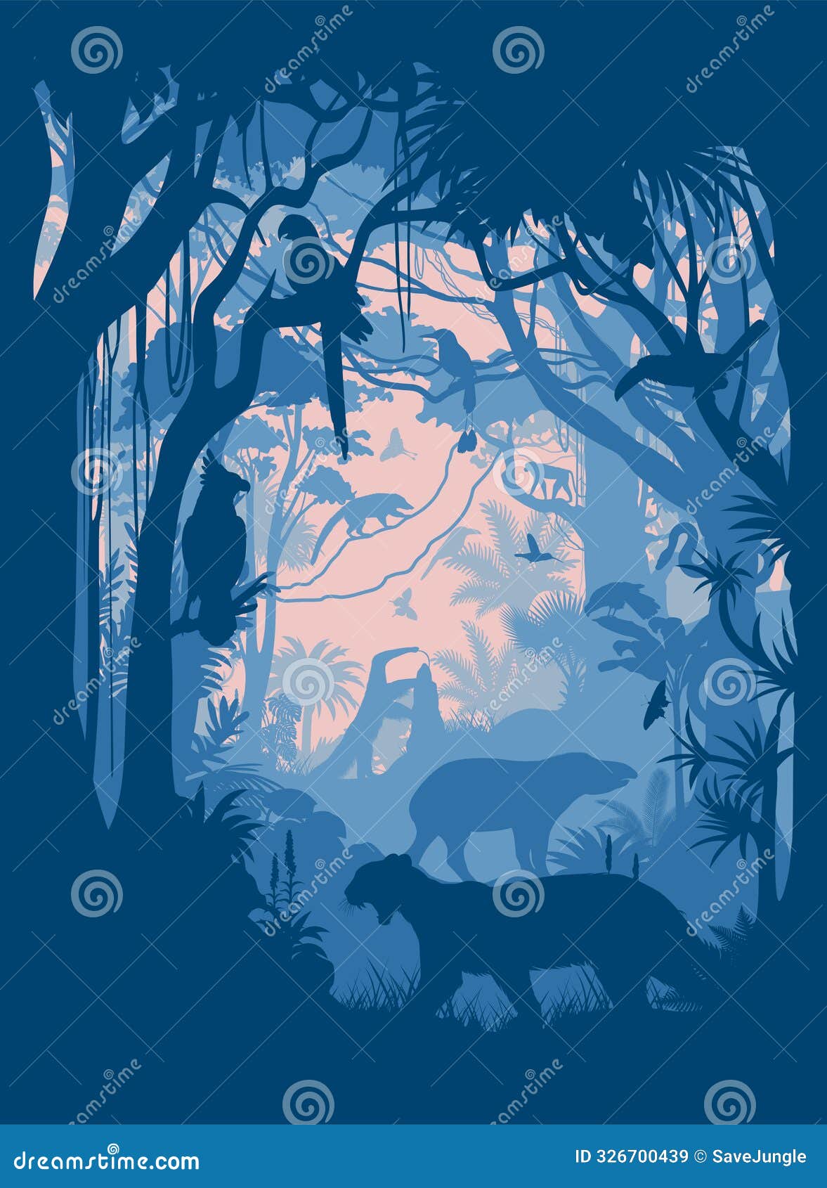 Amazon Rainforest Jungle Illustration with Animals Stock Vector ...