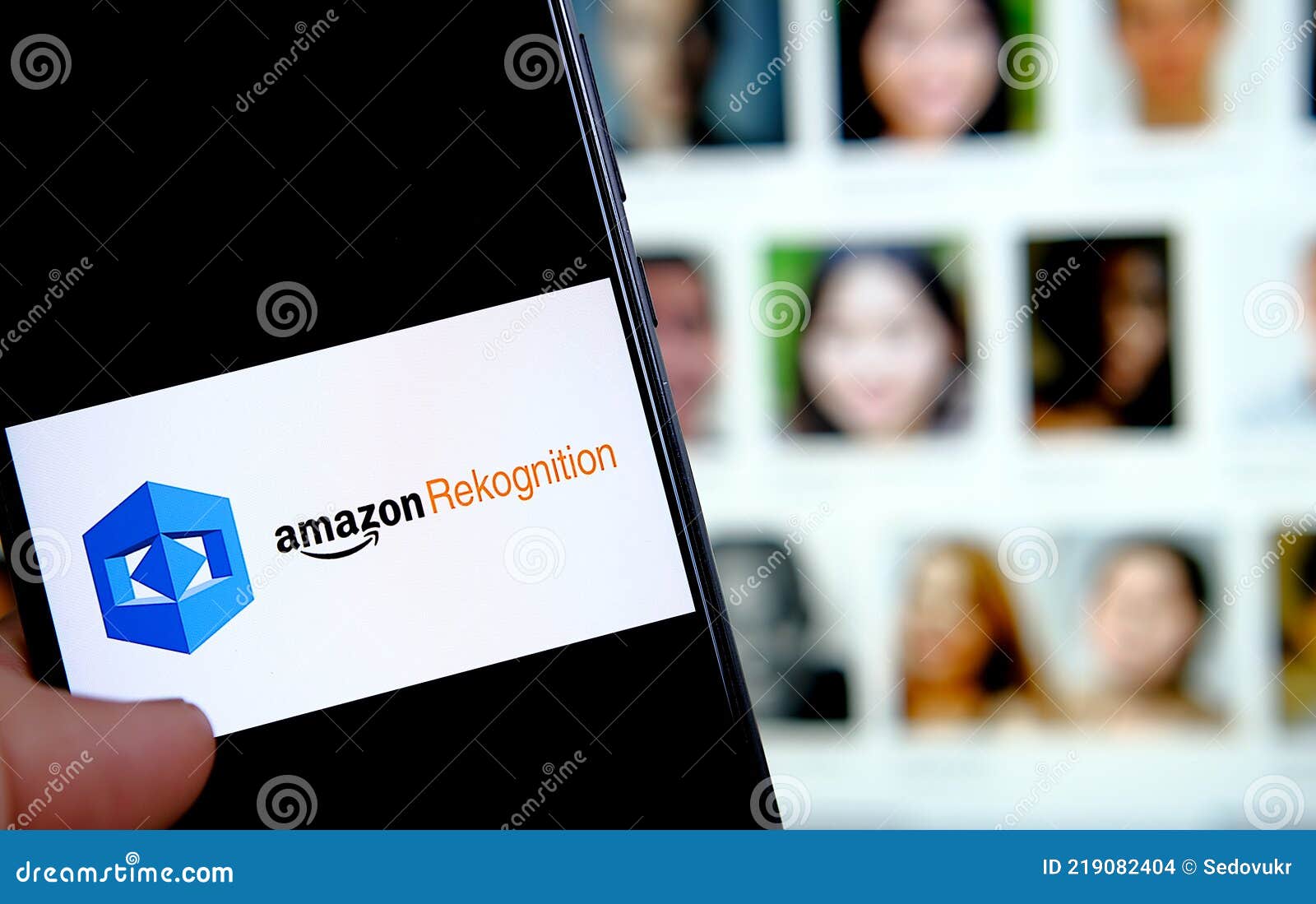 Amazon Rekognition AWS Platform Logo on Smartphone and Blurred Faces on ...