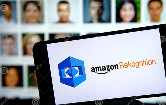 Amazon Rekognition AWS Platform Logo on Smartphone and Blurred Faces on ...